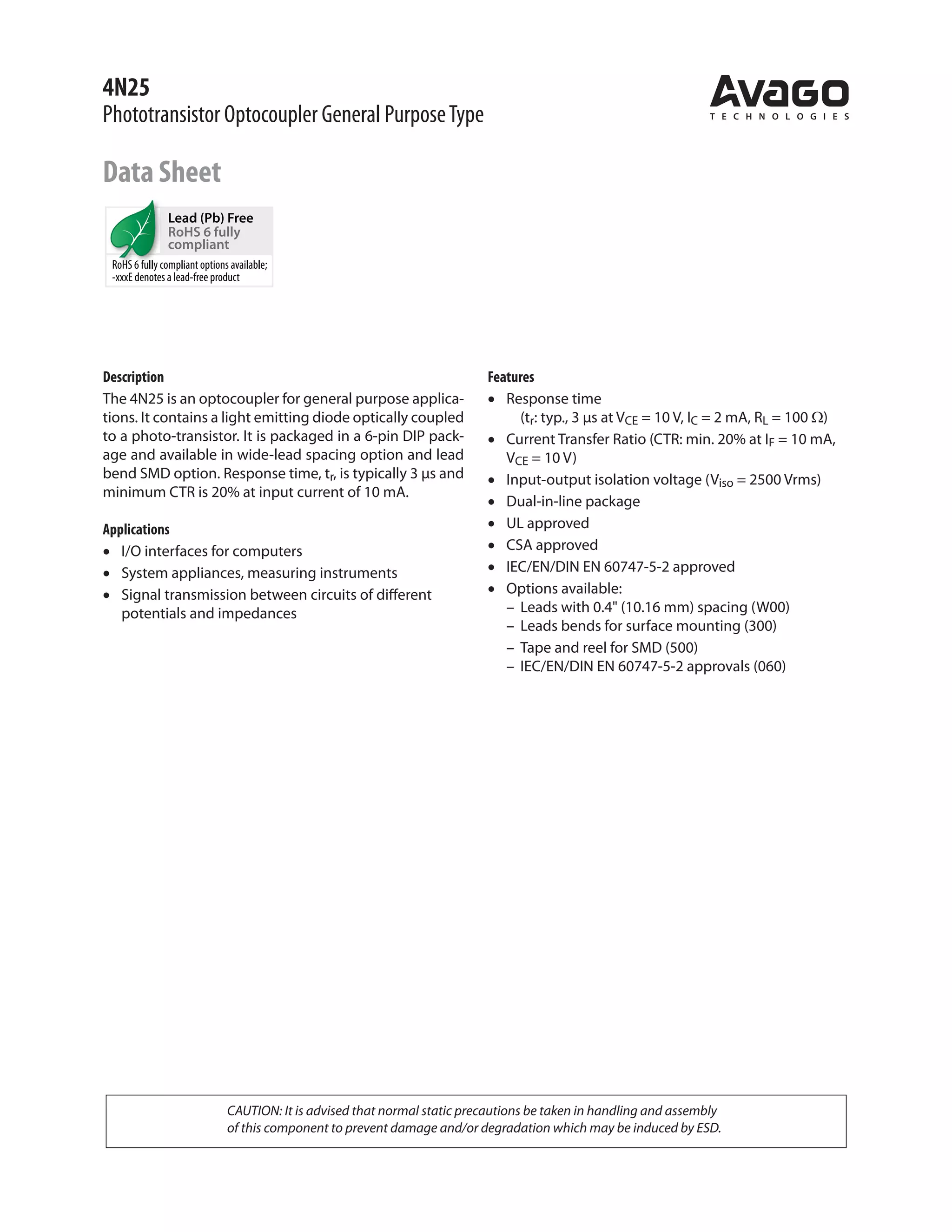 4N25 - Datasheet - AVAGO TECHNOLOGIES LIMITED | PDF