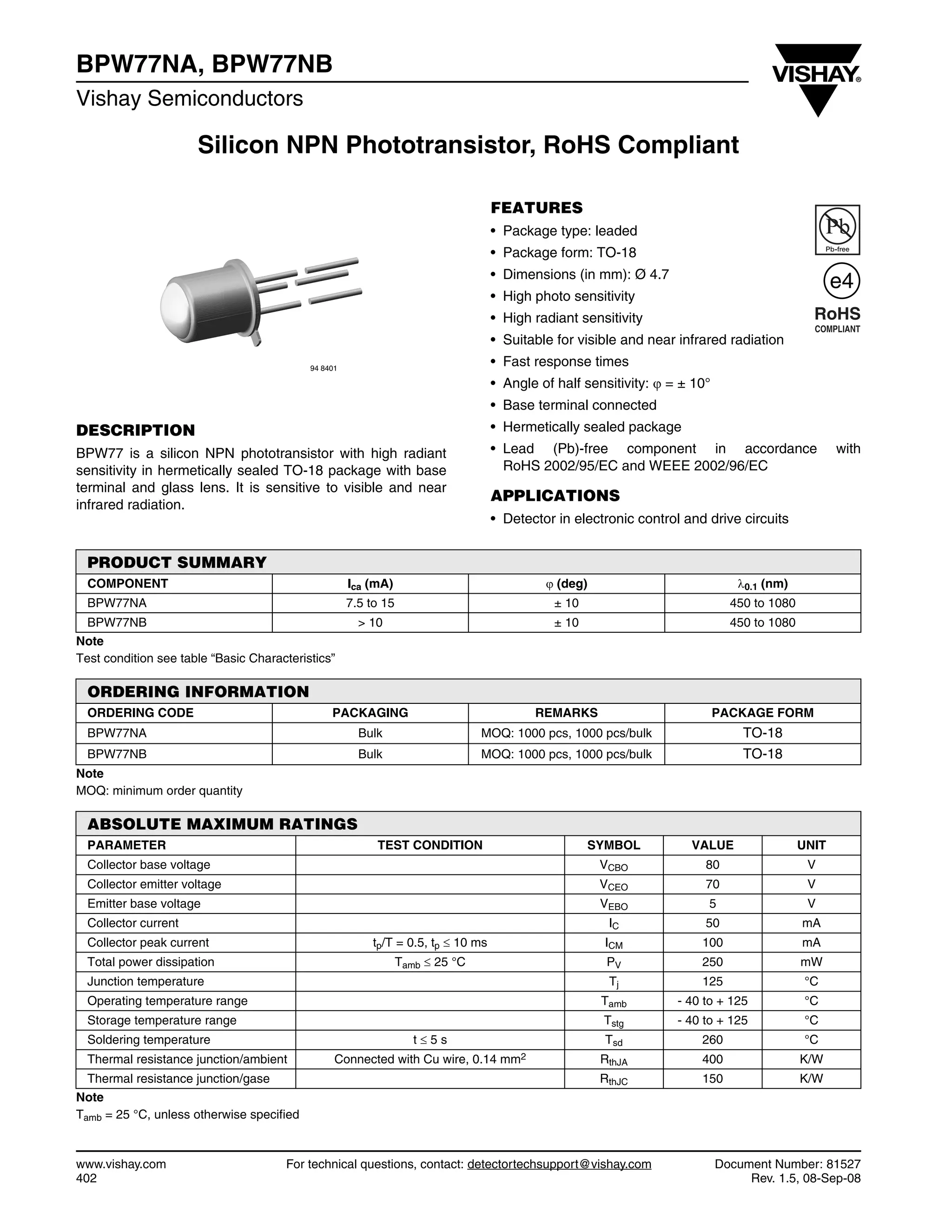 BPW77NA_08 - Datasheet - VISHAY | PDF