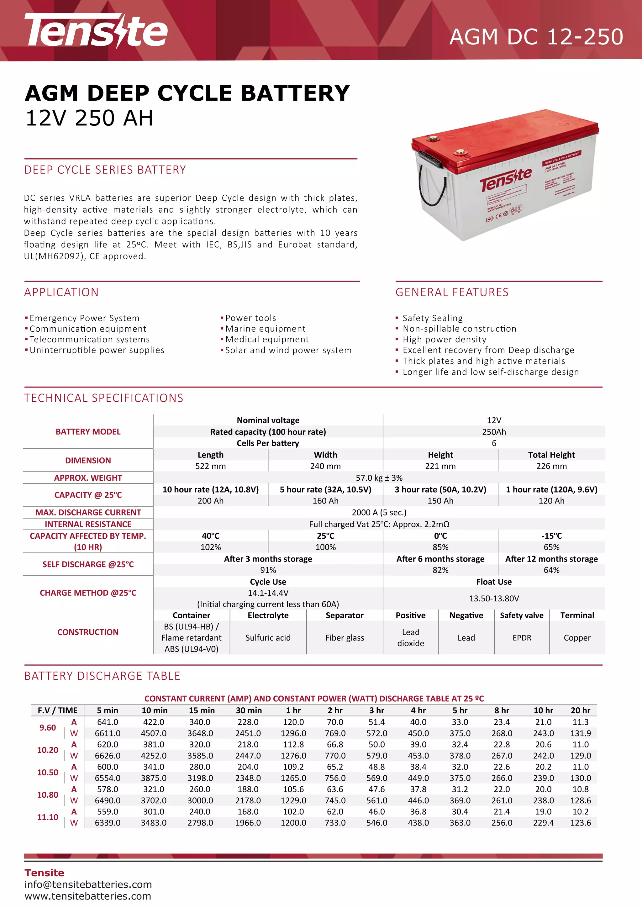 Datasheet tensite-batteries-agm-12-250 | PDF