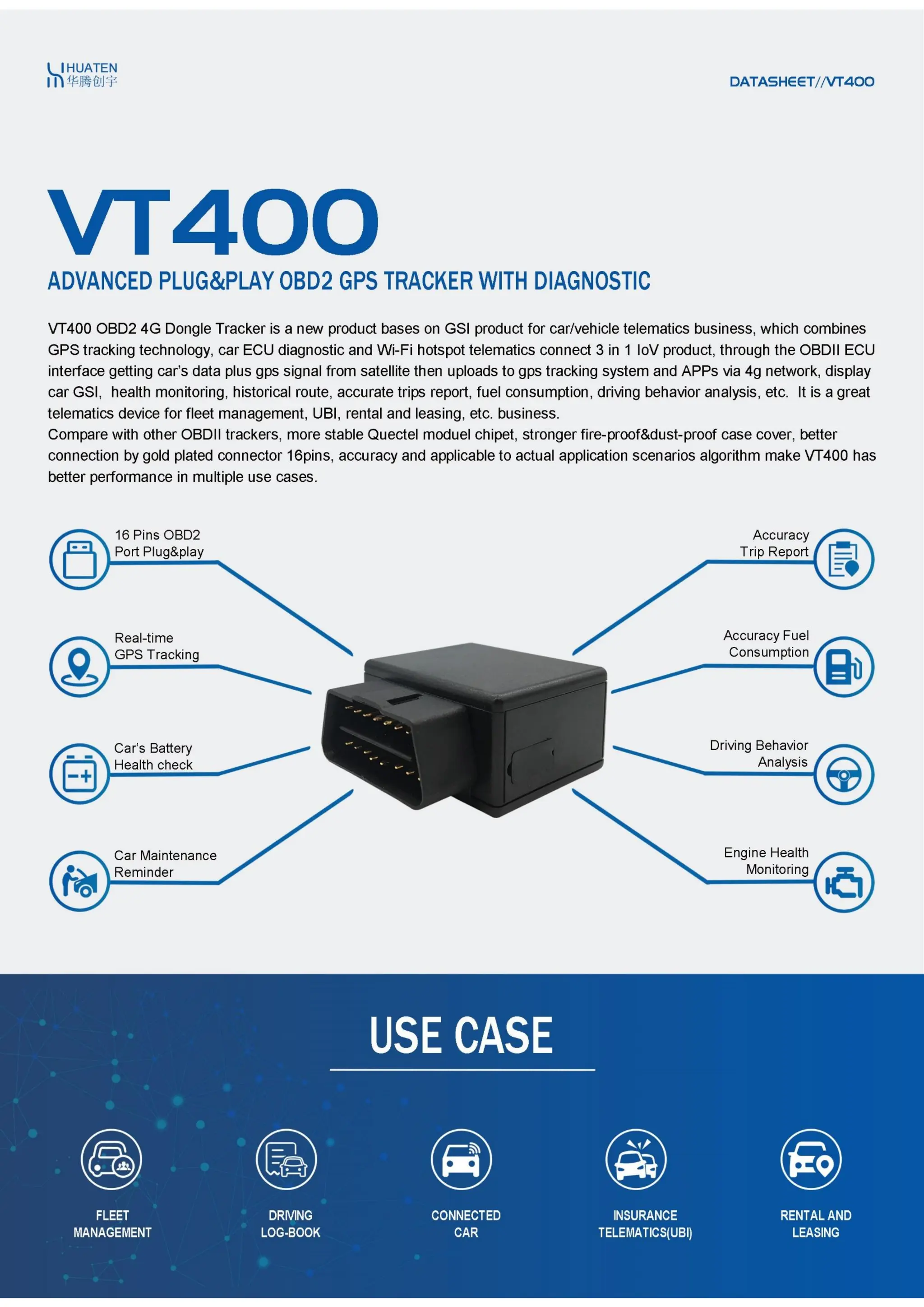 Datasheet of Fleet Management 4G LTE OBD GPS Tracker VT400 (Huatenglobal) | PDF