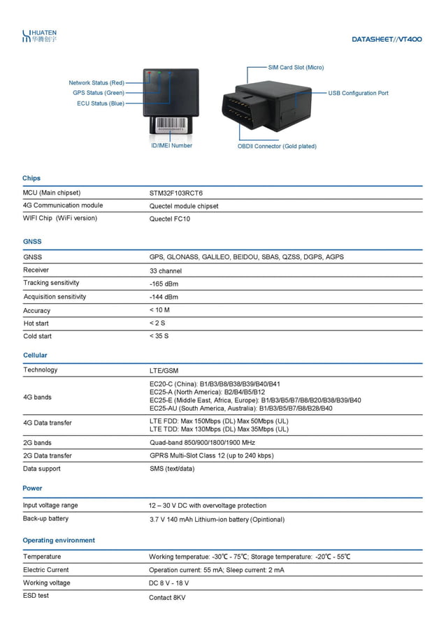 Datasheet of Fleet Management 4G LTE OBD GPS Tracker VT400 (Huatenglobal) | PDF