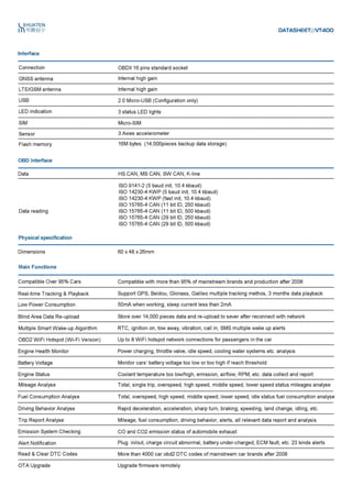 Datasheet of Fleet Management 4G LTE OBD GPS Tracker VT400 (Huatenglobal) | PDF