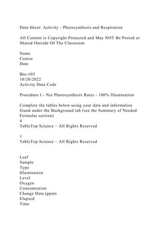 Data Sheet Activity - Photosynthesis and RespirationAll Content.docx