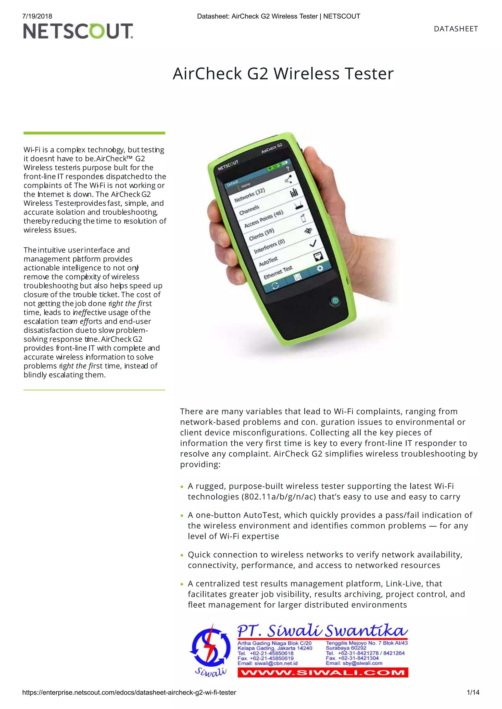 Datasheet NETSCOUT AirCheck G2 Wireless Tester | PDF
