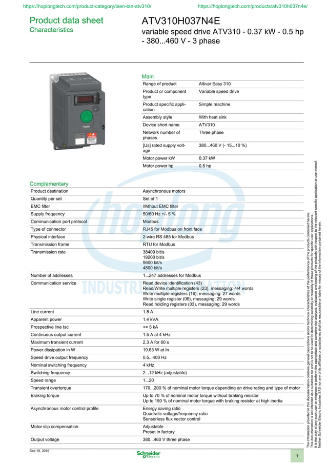 ATV310H037N4E Biến tần Schneider công suất 0.37kW - Hoplongtech | PDF