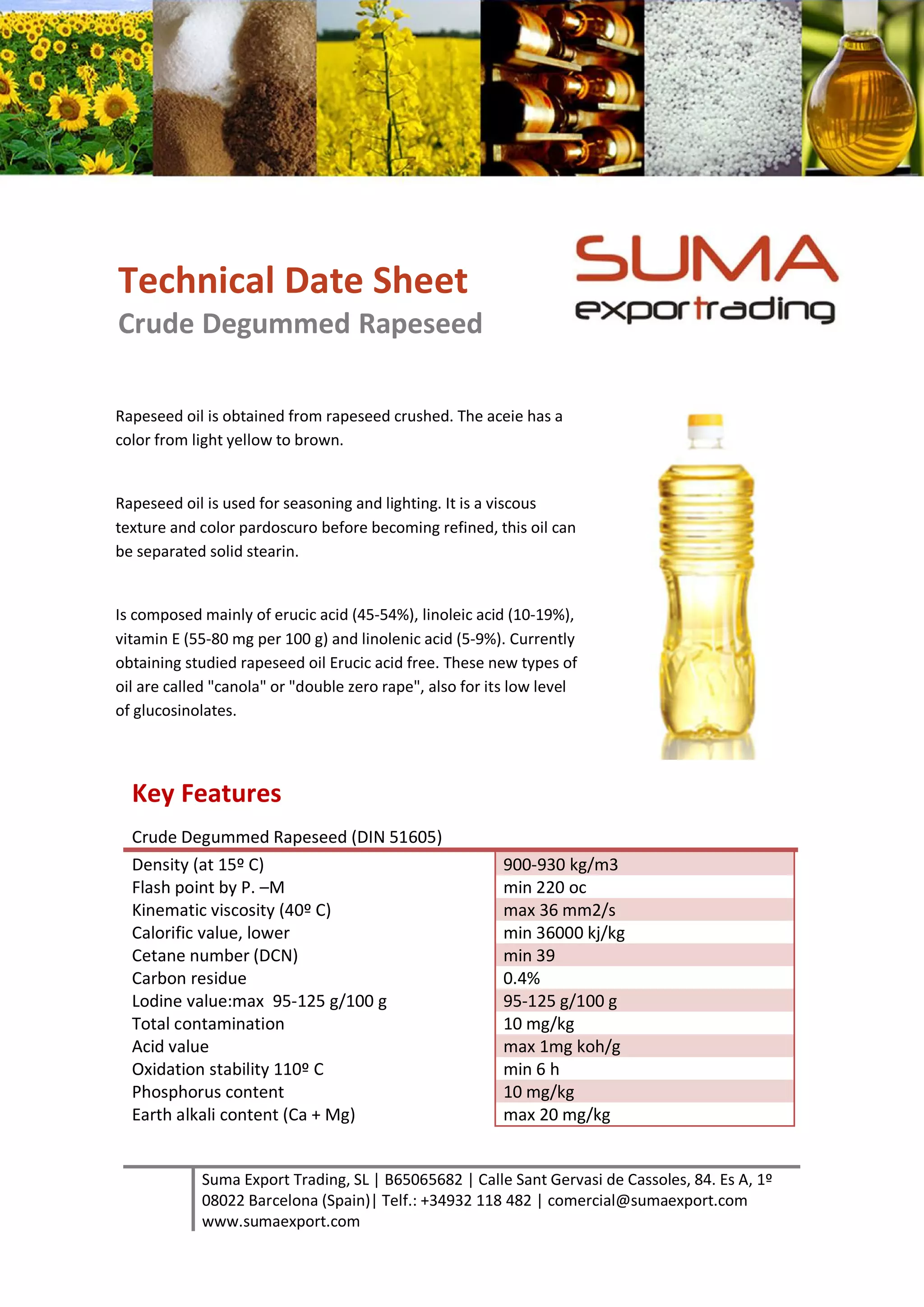 Data sheet crude degummed rapeseed oil (din 51605) | PDF