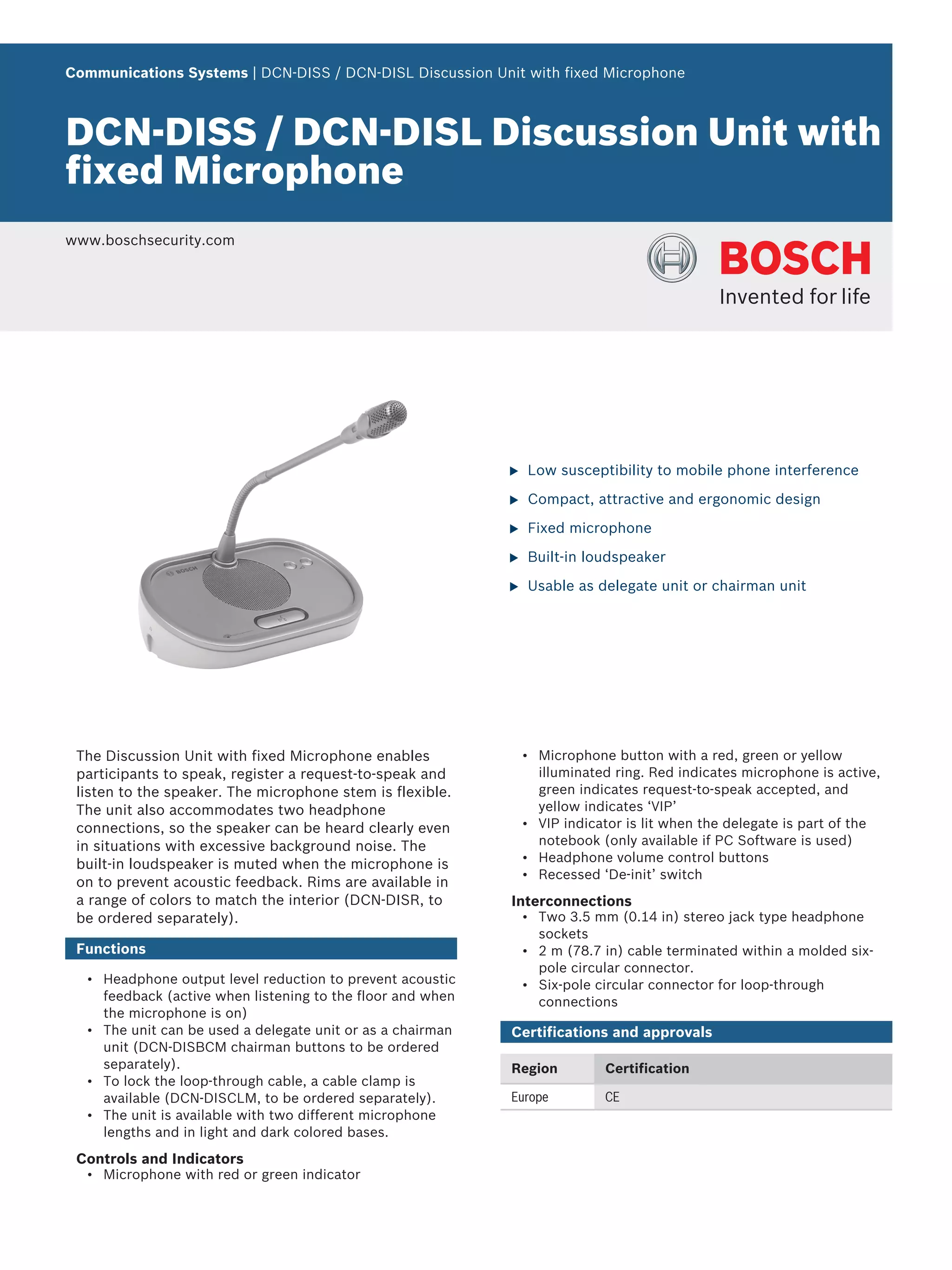 micro đại biểu bosch dcn-diss/dcn-diss-l | PDF