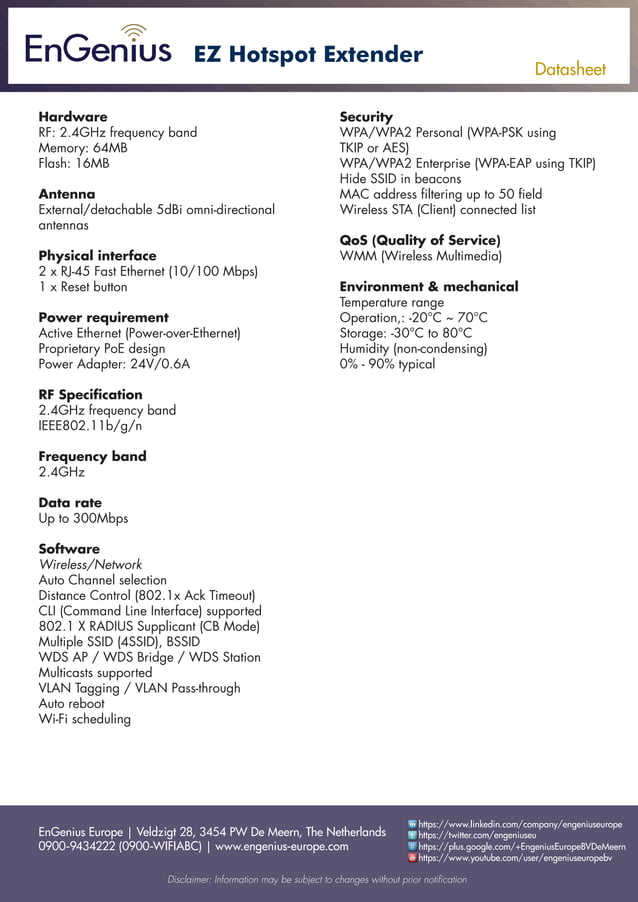 Datasheet EnGenius EZ Hotspot Extender | PDF | Computer Networking | Computing