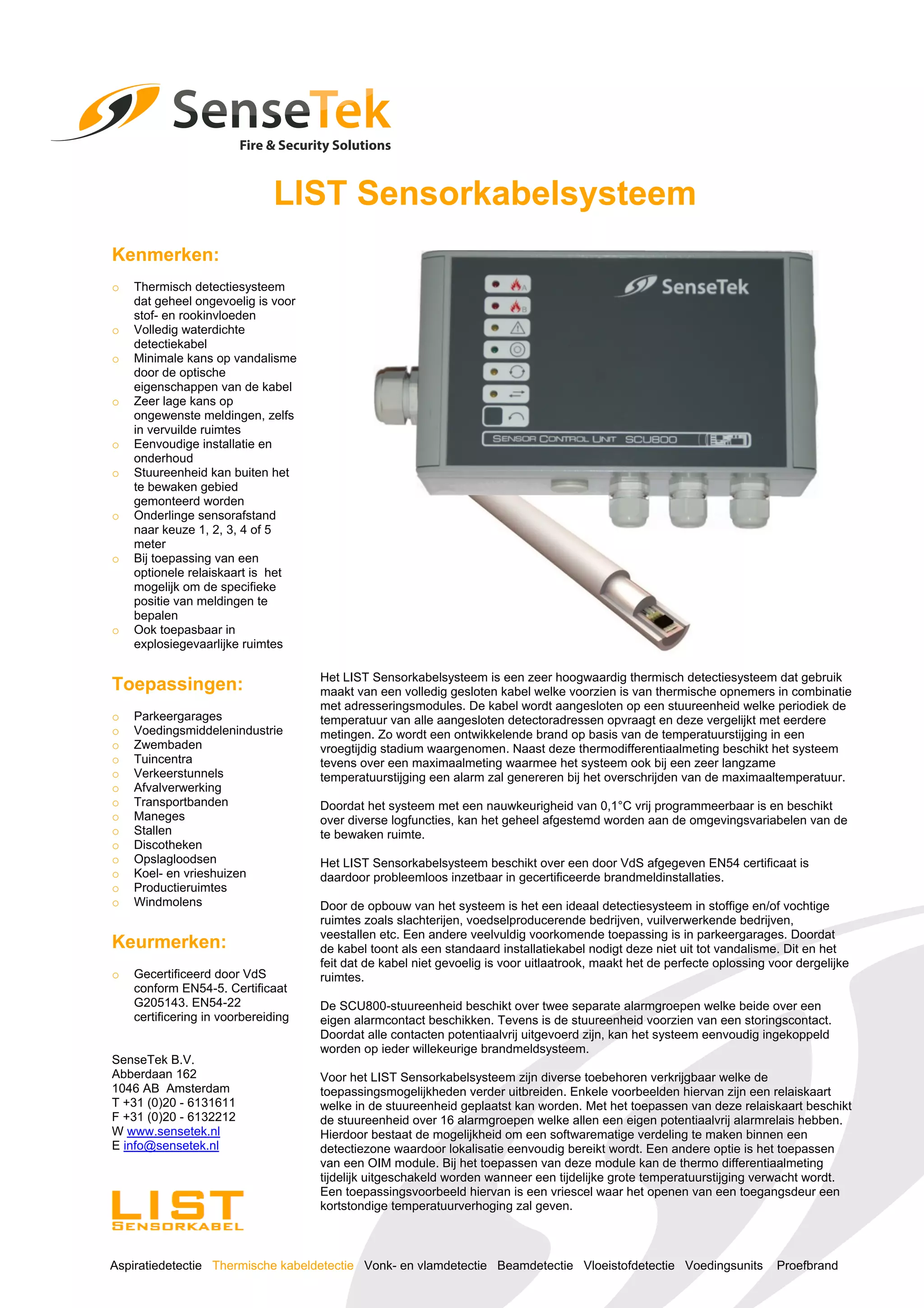 Datasheet list sensorkabel senseTek_nl Thermisch detectiesysteem | PDF