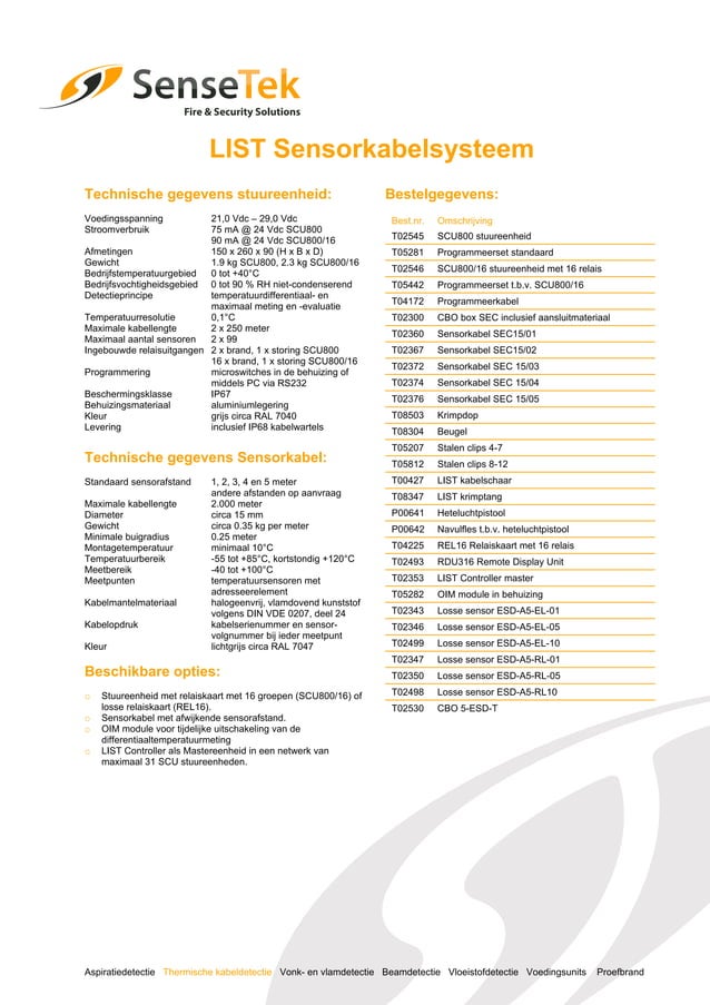 Datasheet list sensorkabel senseTek_nl Thermisch detectiesysteem | PDF