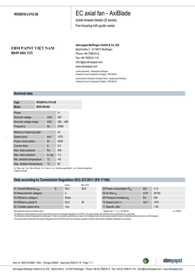 Data sheet W3G910LV1236-EBMPAPST | PDF
