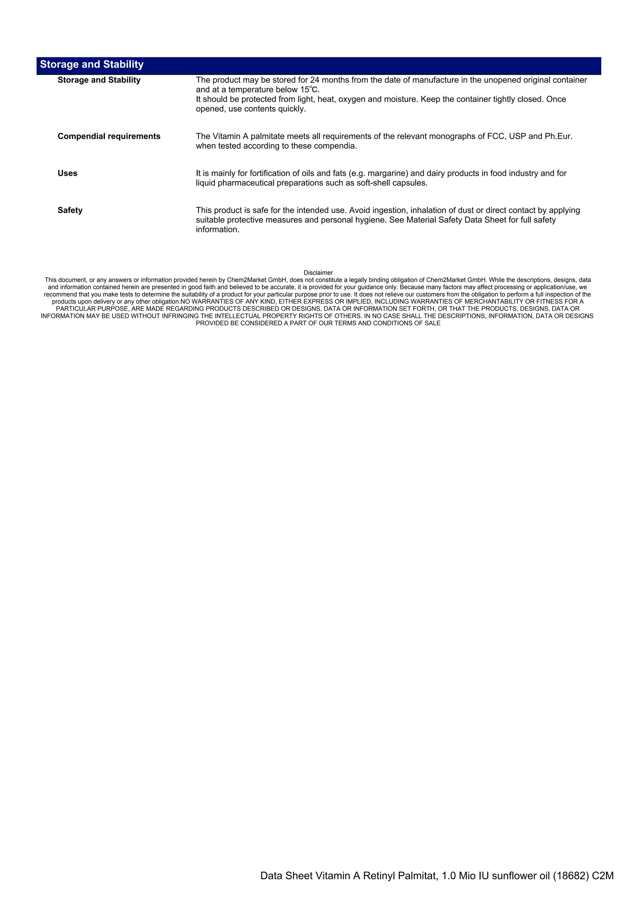 Data sheet vitamin a retinyl palmitat, 1.0 mio iu sunflower oil (18682 ...