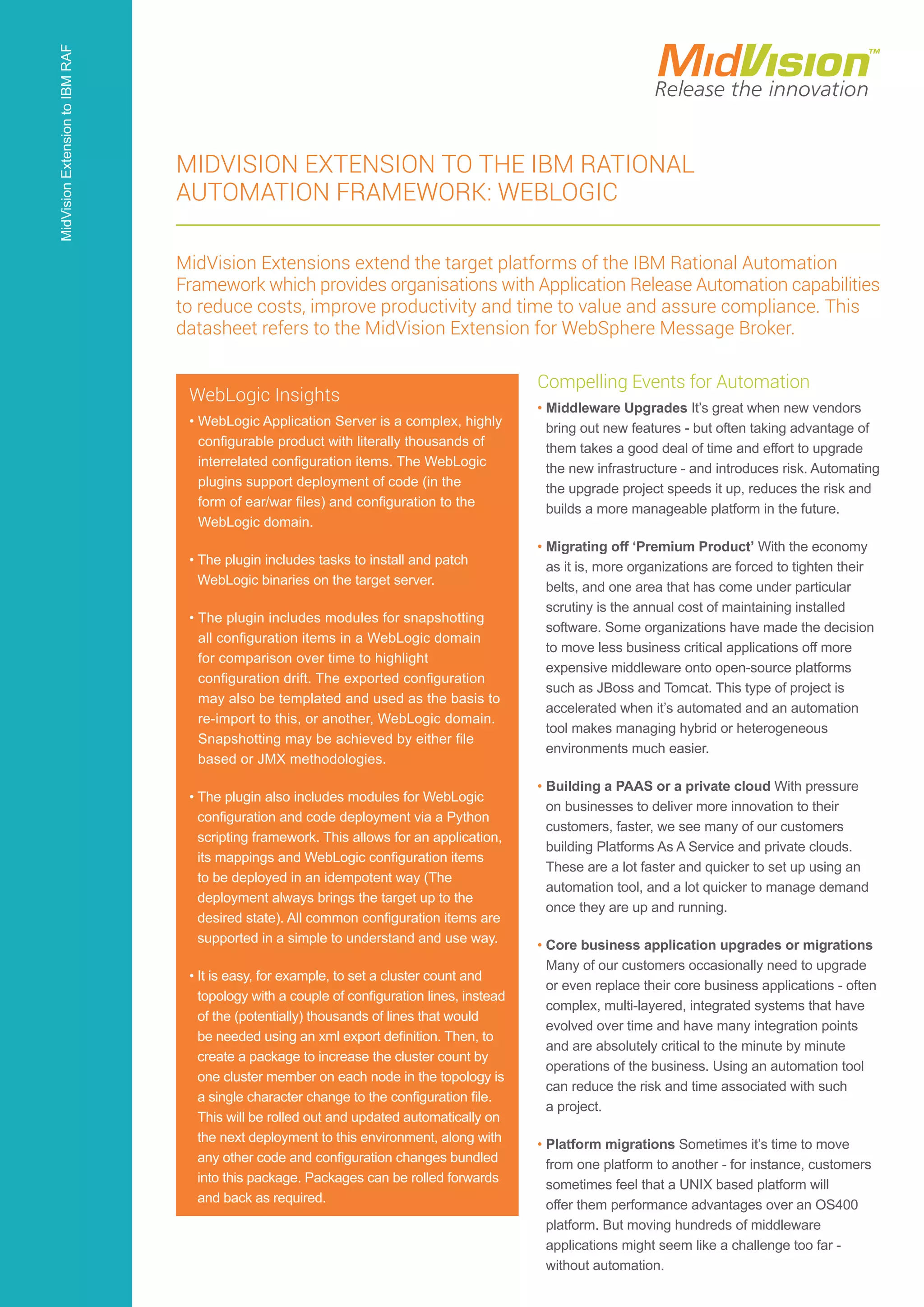 Datasheet weblogic midvisionextensionforibmraf | PDF