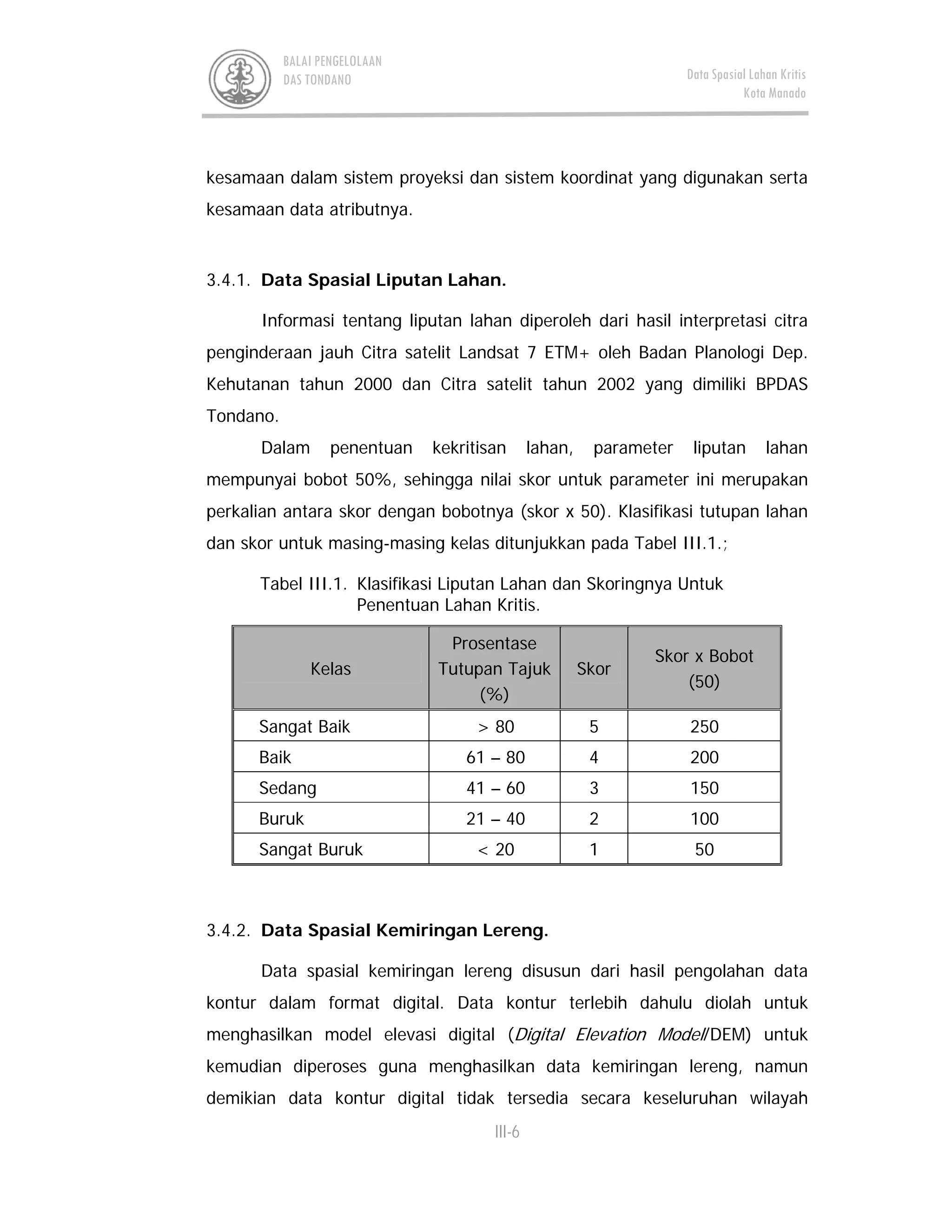 Data spasial lahan kritis manado | PDF