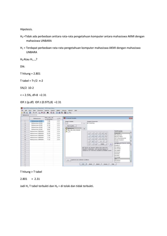 Contoh soal spss independent dan one way anova | DOCX
