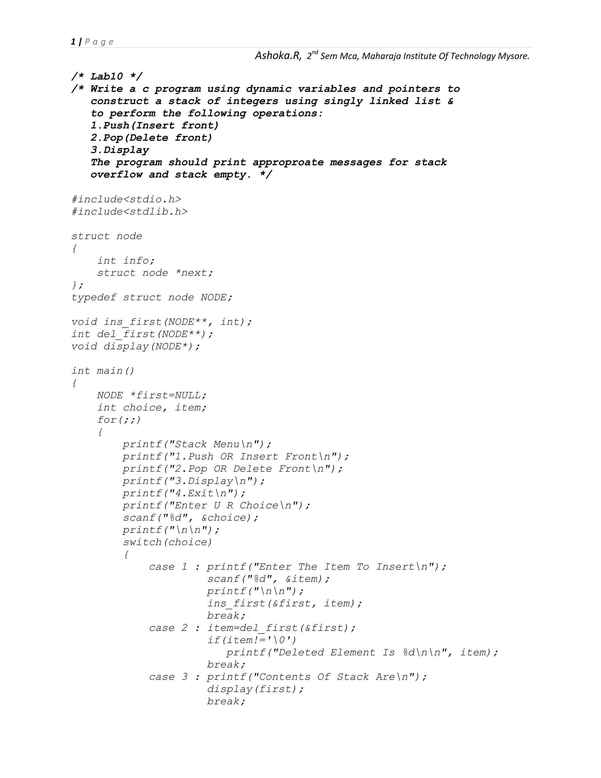 Data Structure Singly Linked List Programs Vtu Exams Pdf