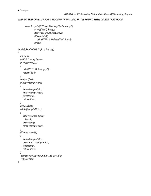 Data structure singly linked list programs VTU Exams | PDF