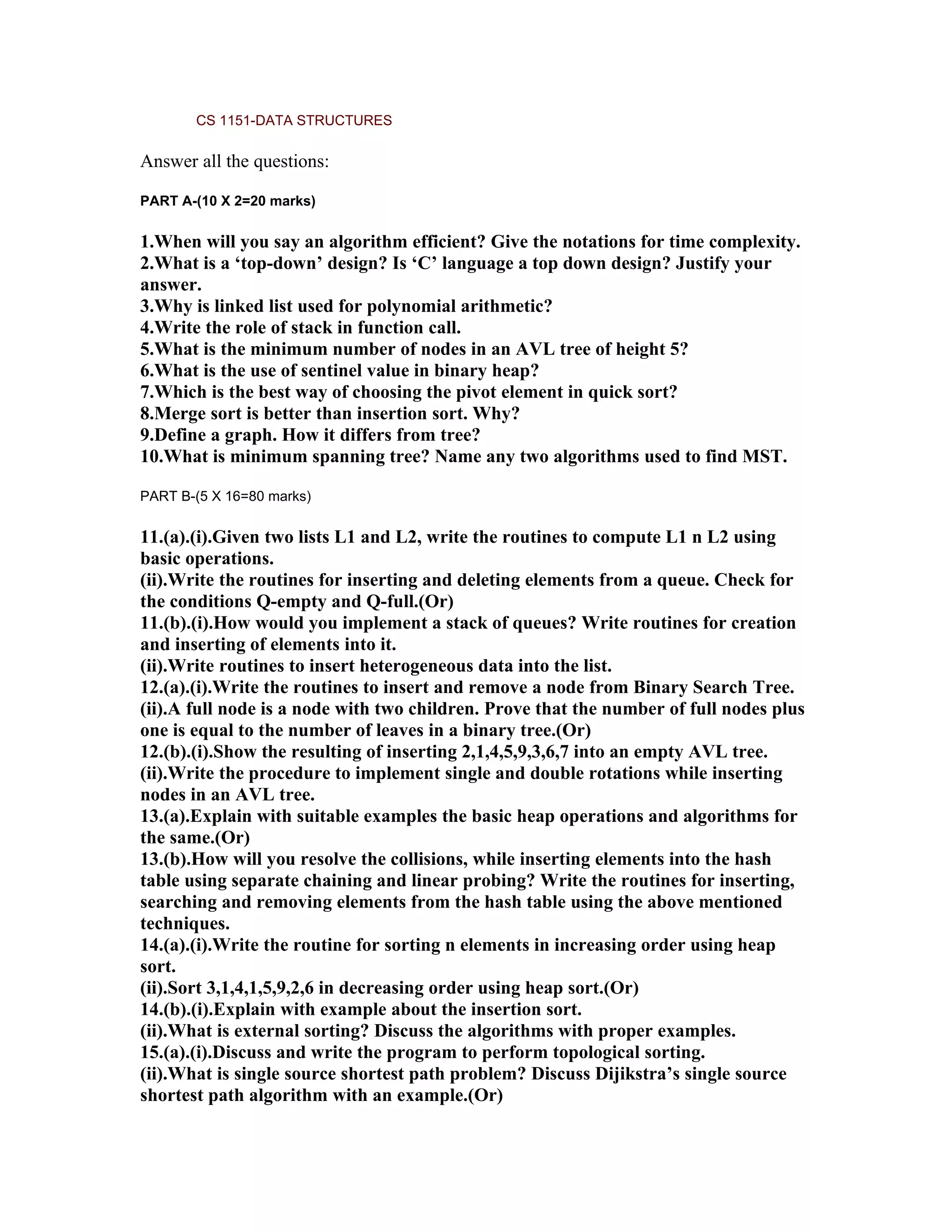 Data structures question paper anna university | DOC