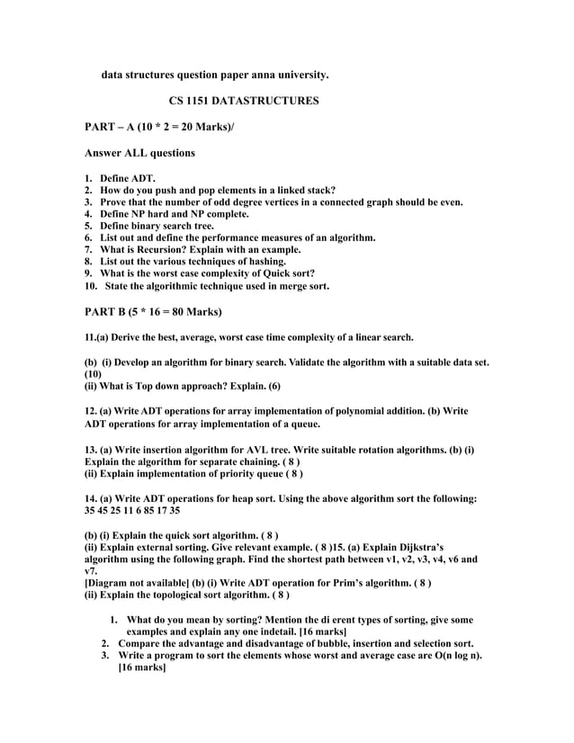 Data structures question paper anna university | DOC | Programming ...