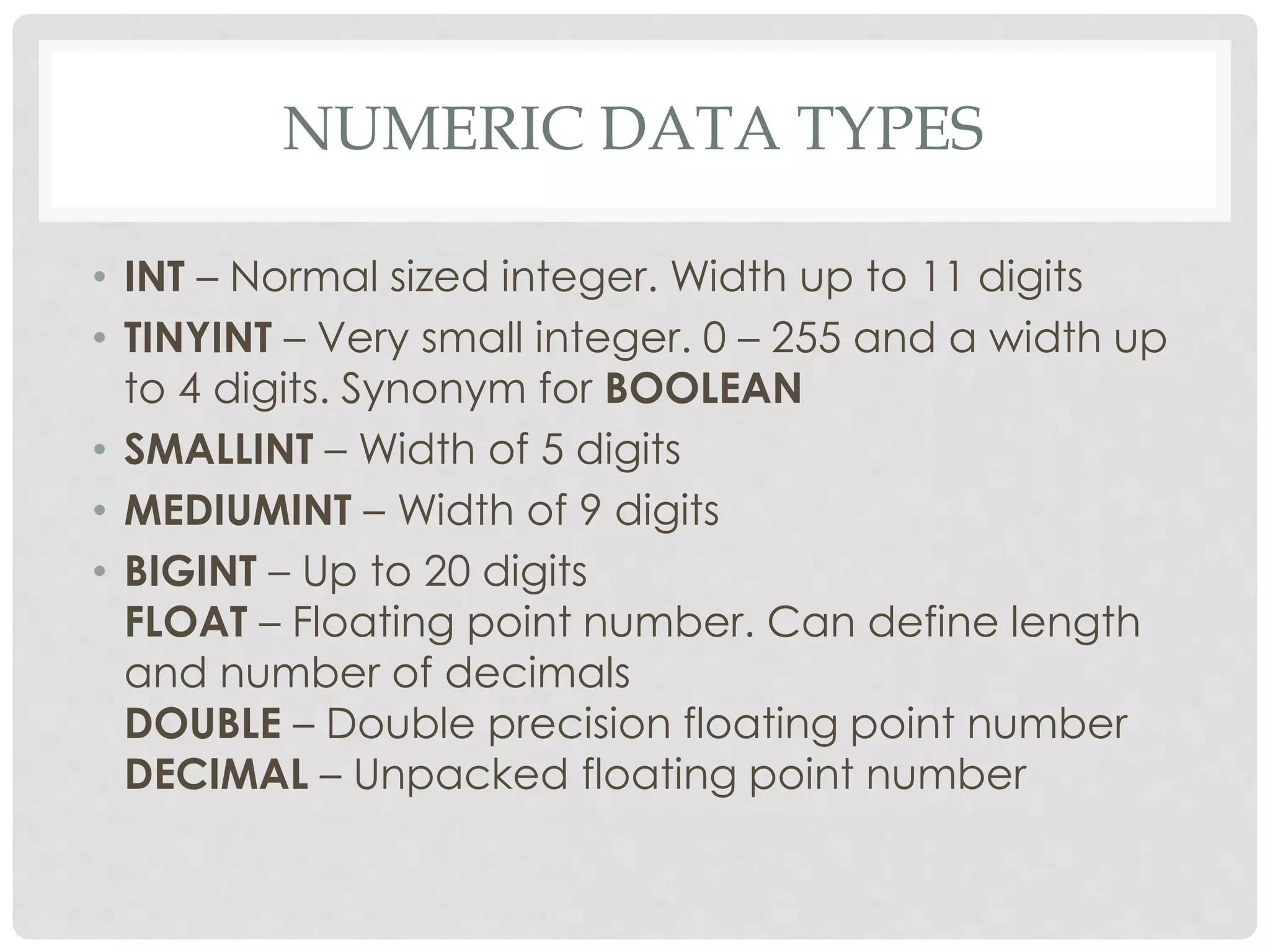 Learn Database Design with MySQL - Chapter 4 - Data types | PPTX Learn Database Design with MySQL - Chapter 4 - Data types | PPTX