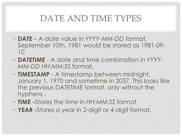 Learn Database Design with MySQL - Chapter 4 - Data types | PPTX