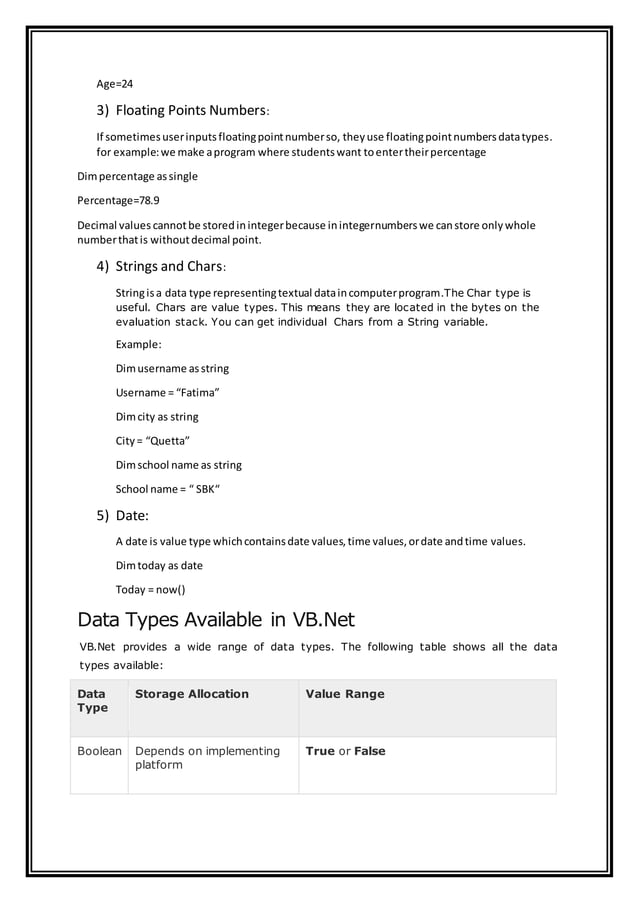 Data types and operators in vb | DOCX | Programming Languages | Computing Data types and operators in vb | DOCX | Programming Languages | Computing