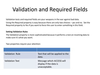 Datatypes, Field Properties, Validation and Masking | PPTX