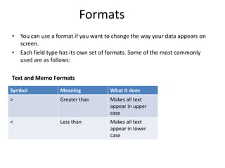 Datatypes, Field Properties, Validation and Masking | PPTX