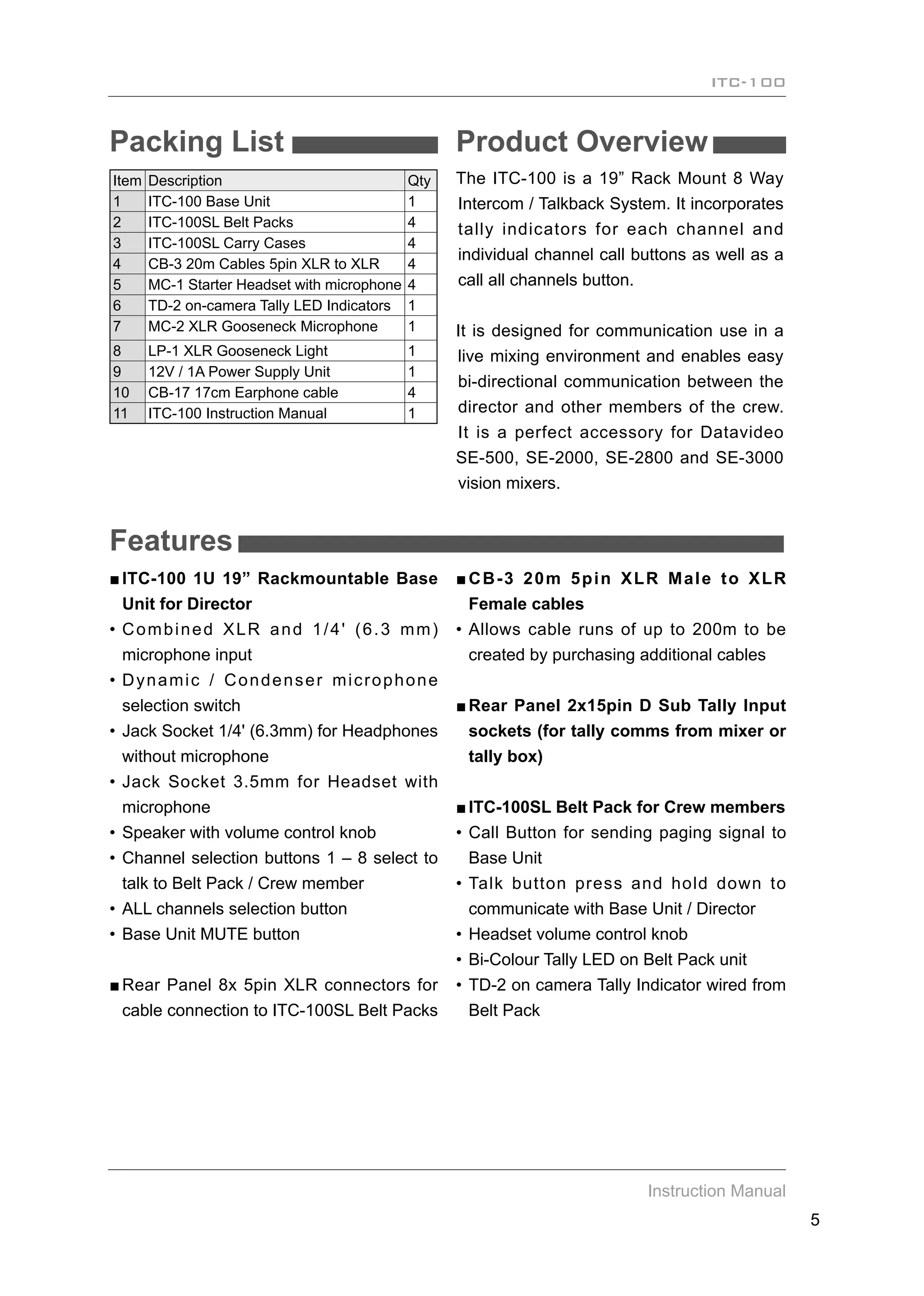 Datavideo ITC-100 Full duplex intercom/ talkback system | PDF
