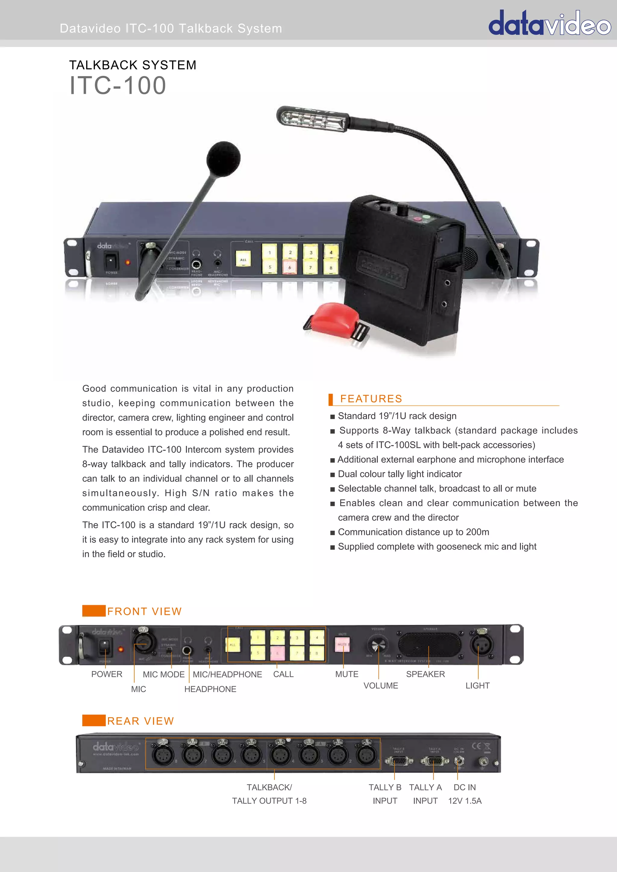 Datavideo ITC-100 Intercom Brochure | PDF