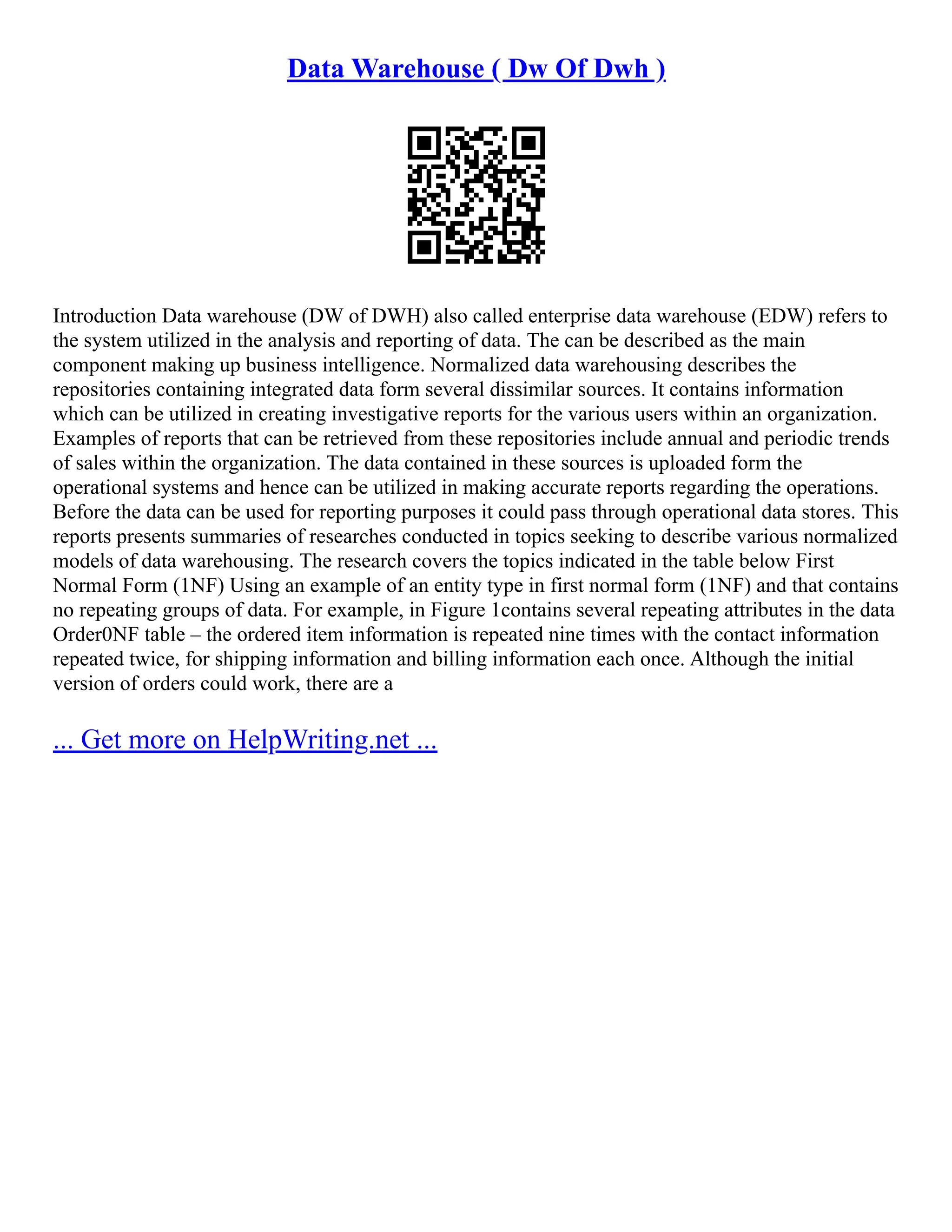 Data Warehouse ( Dw Of Dwh ) | PDF