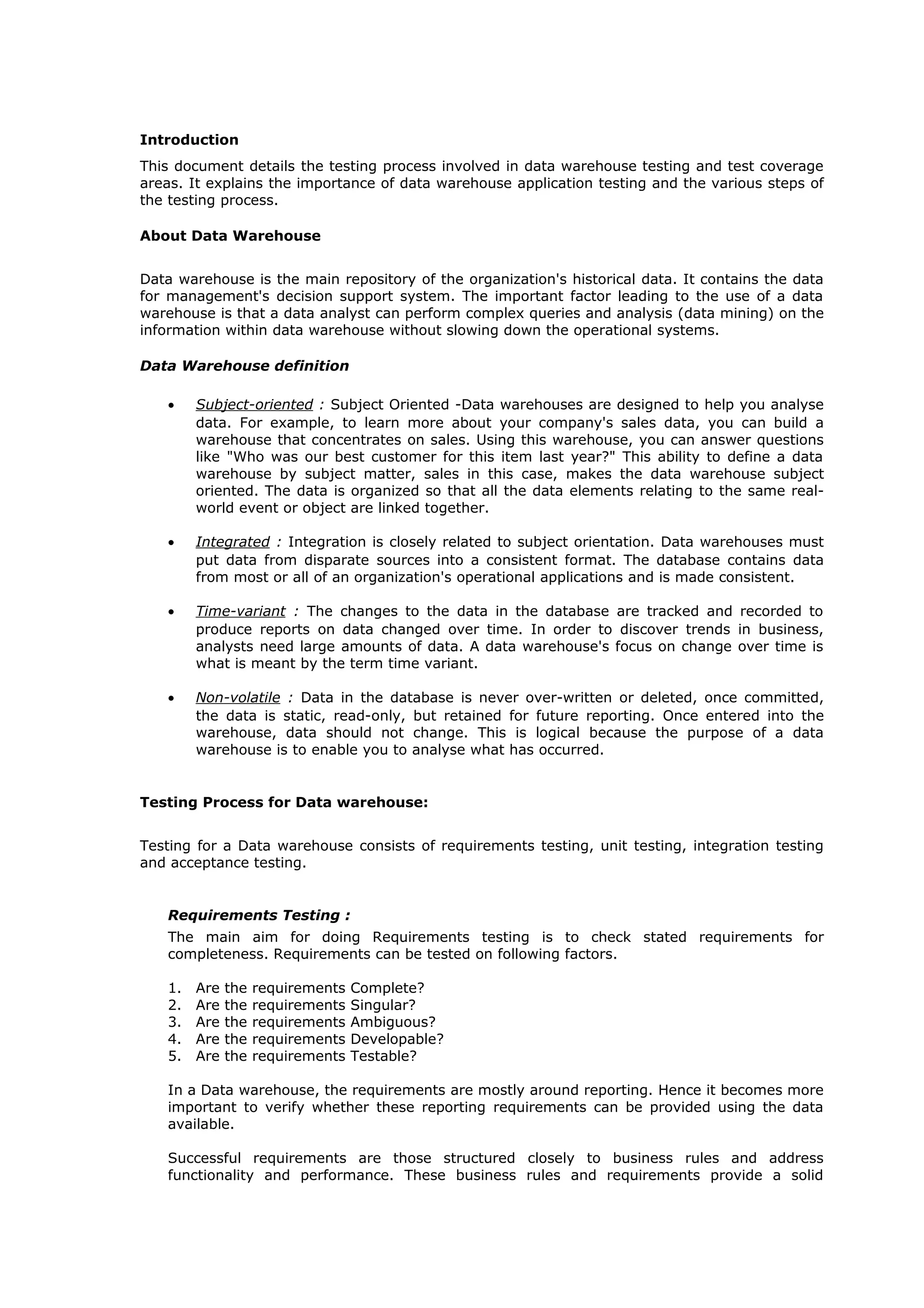 Data Warehouse (ETL) testing process | DOC