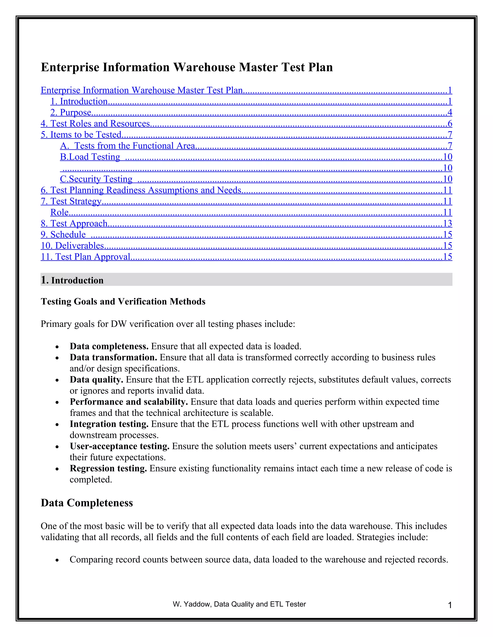Data warehouse master test plan | DOC