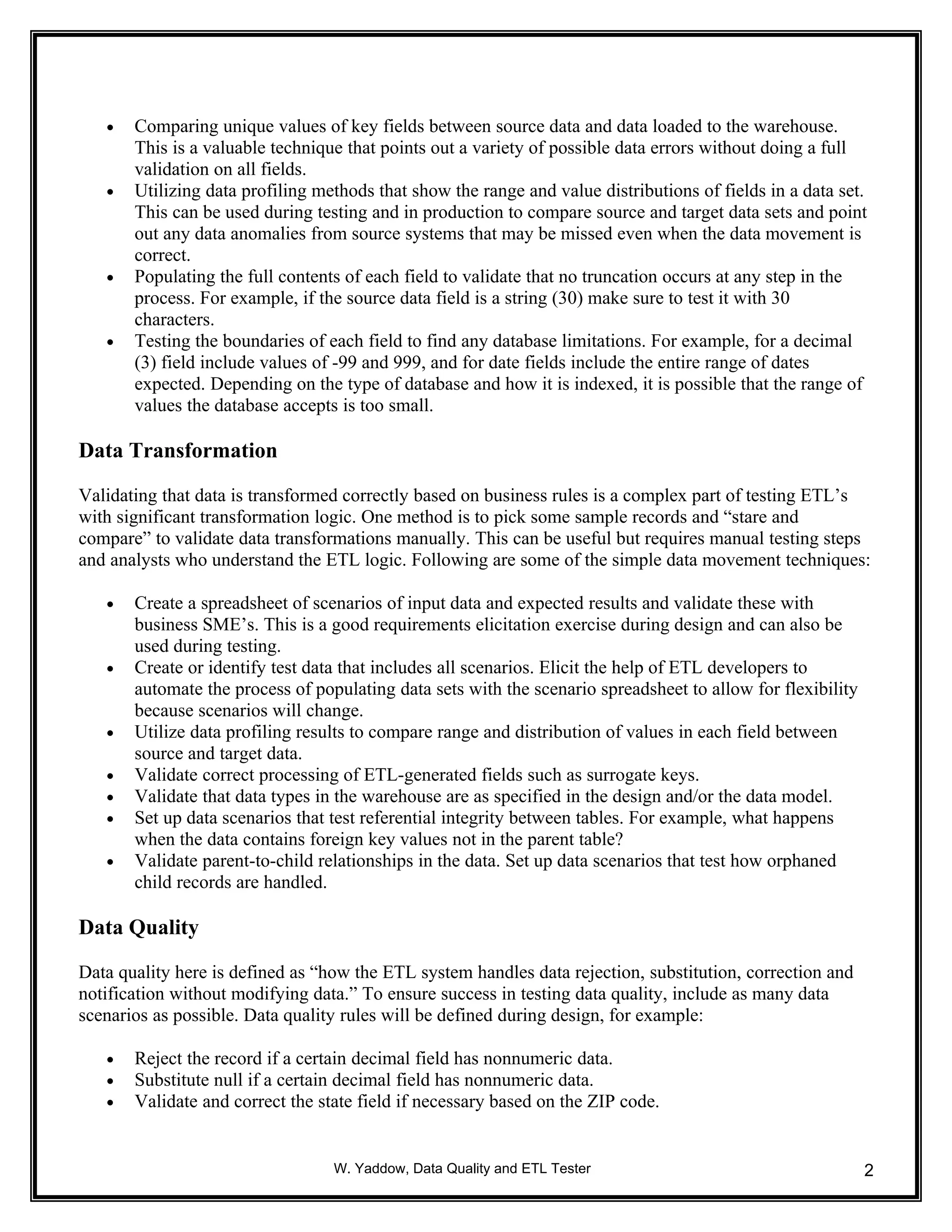 Data warehouse master test plan | DOC