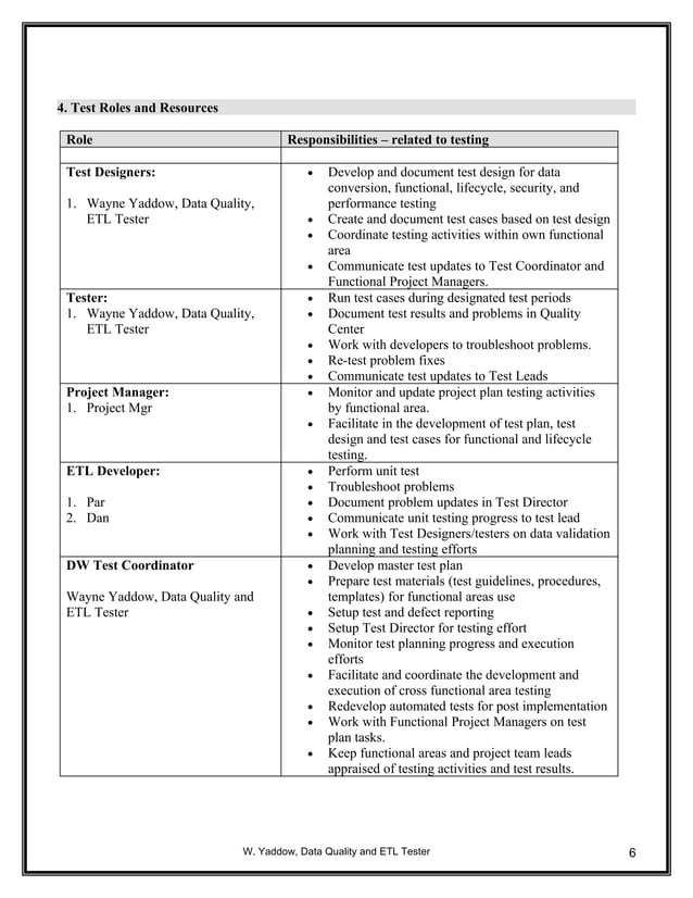 Data warehouse master test plan | DOC
