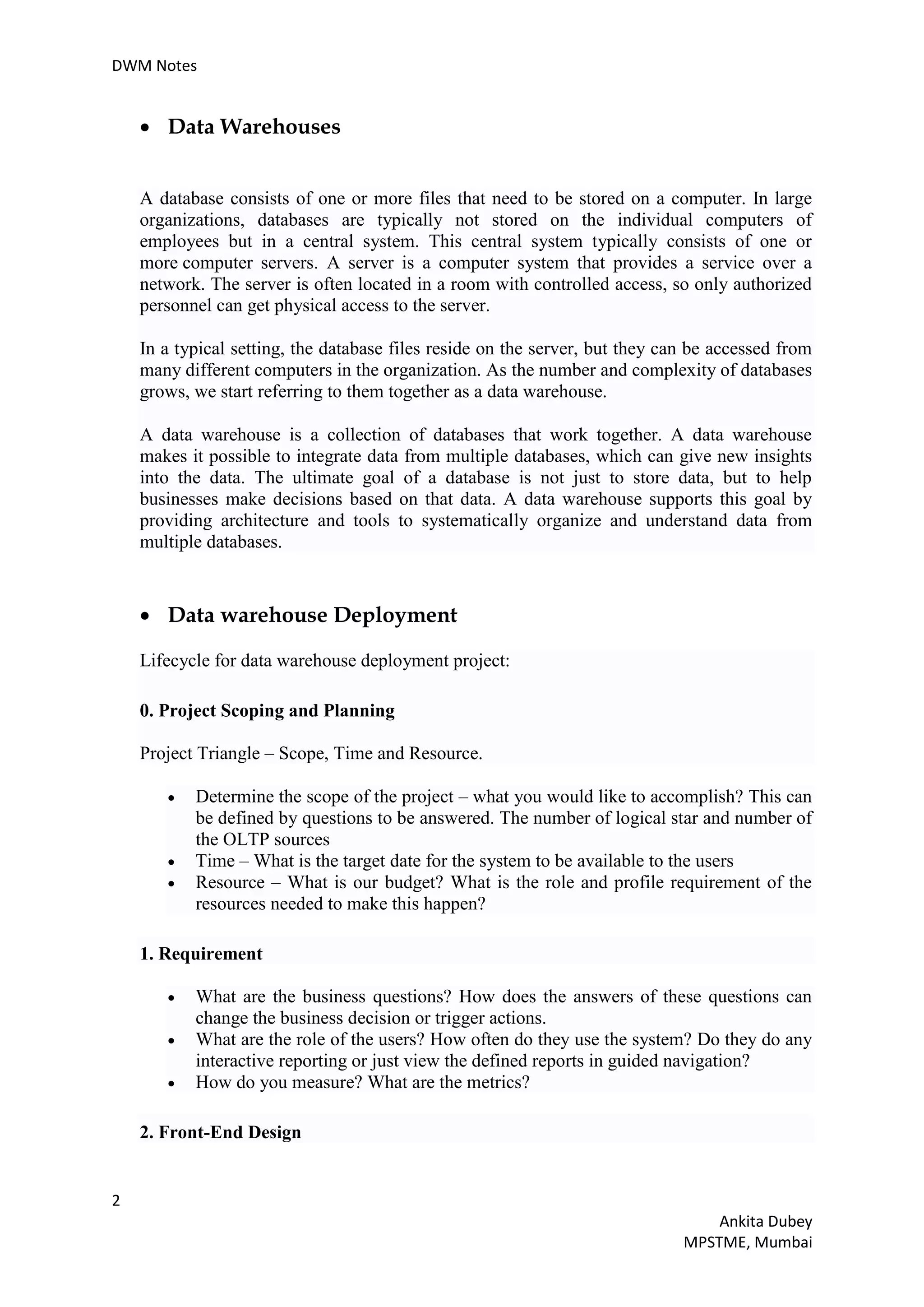 Data Warehouses & Deployment By Ankita dubey | PDF