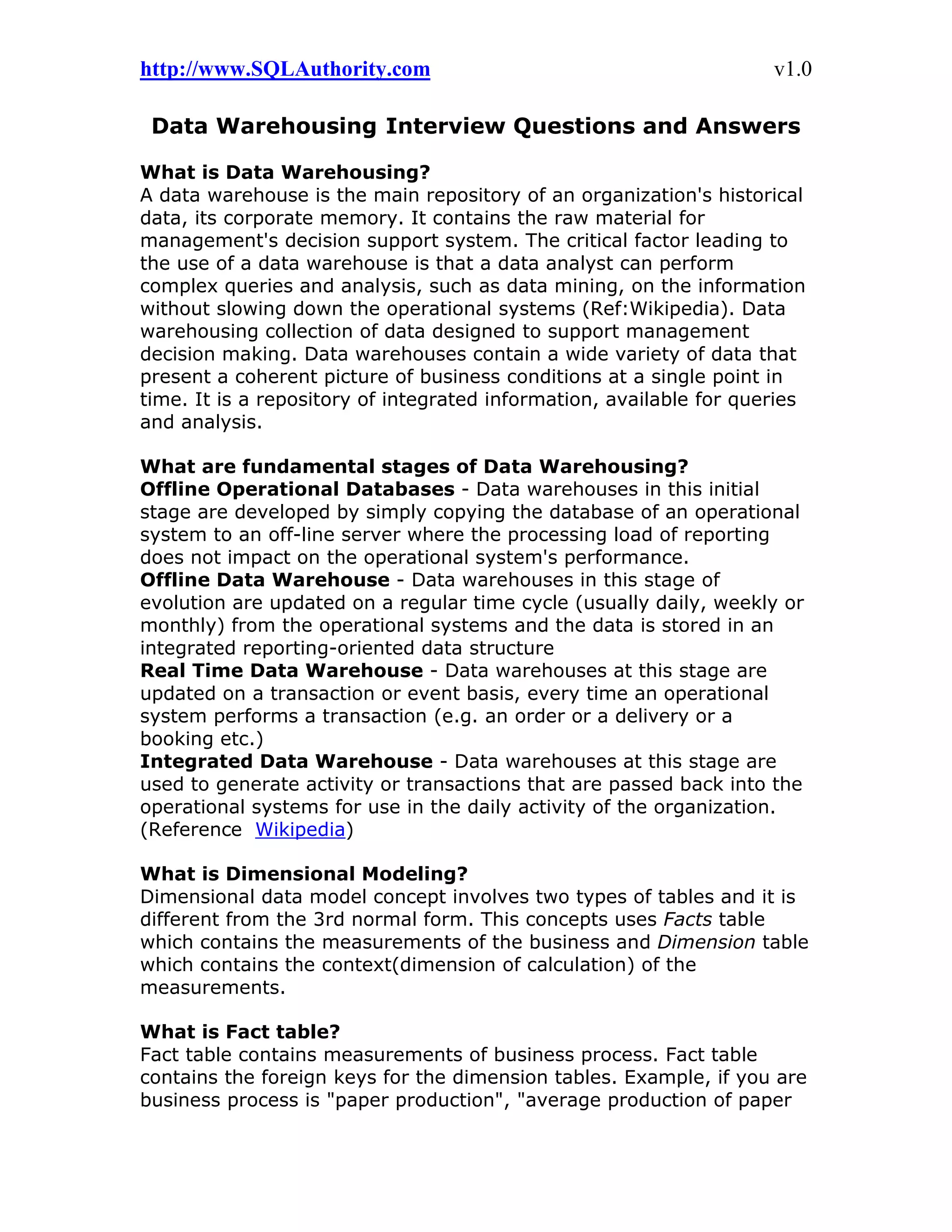 Data warehousing interview_questionsandanswers | PDF