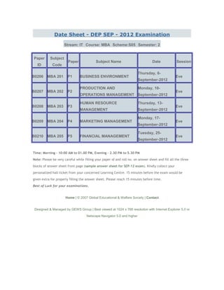 Date sheet | DOC | Educational Assessment | Education