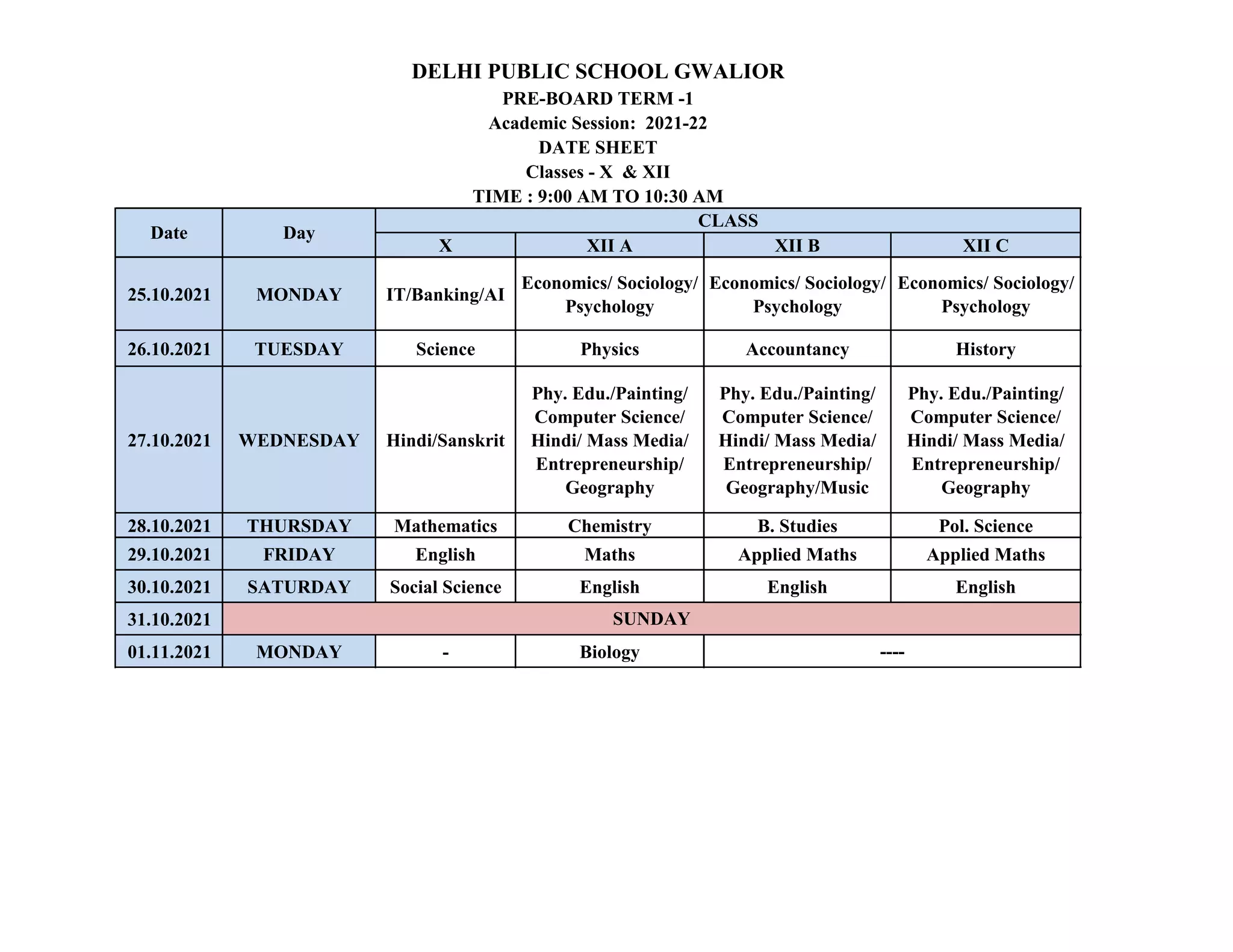 Date sheet preboard term 1 (x & xii) 2021-22 | PPT