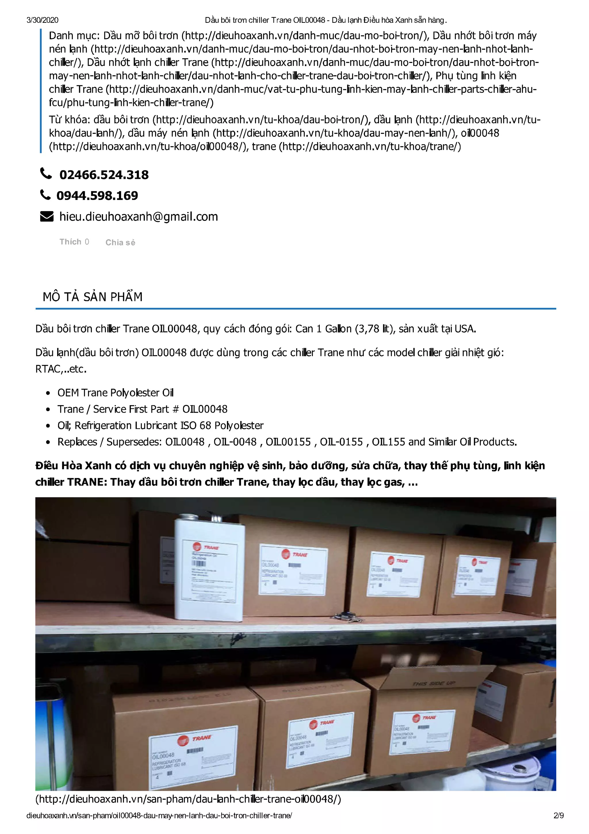 Dau boi tron chiller trane oil00048, dầu nhớt lạnh chiller Trane | PDF