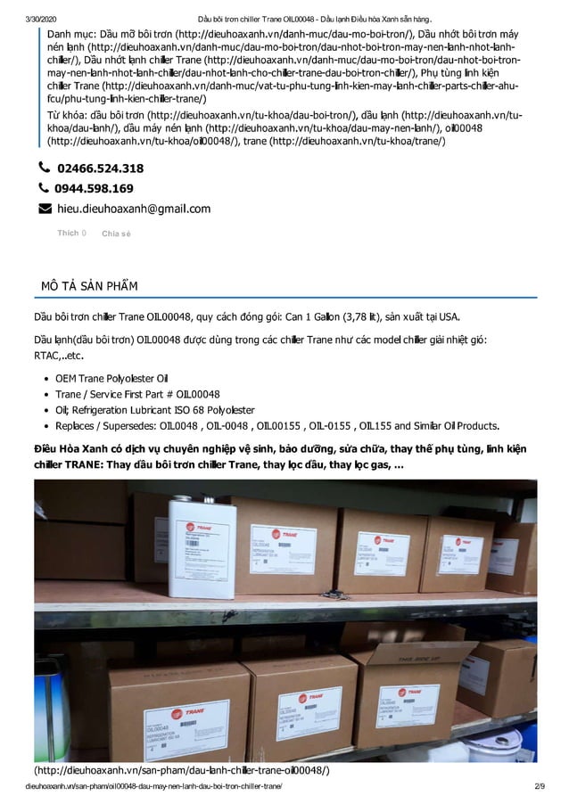 Dau boi tron chiller trane oil00048, dầu nhớt lạnh chiller Trane | PDF