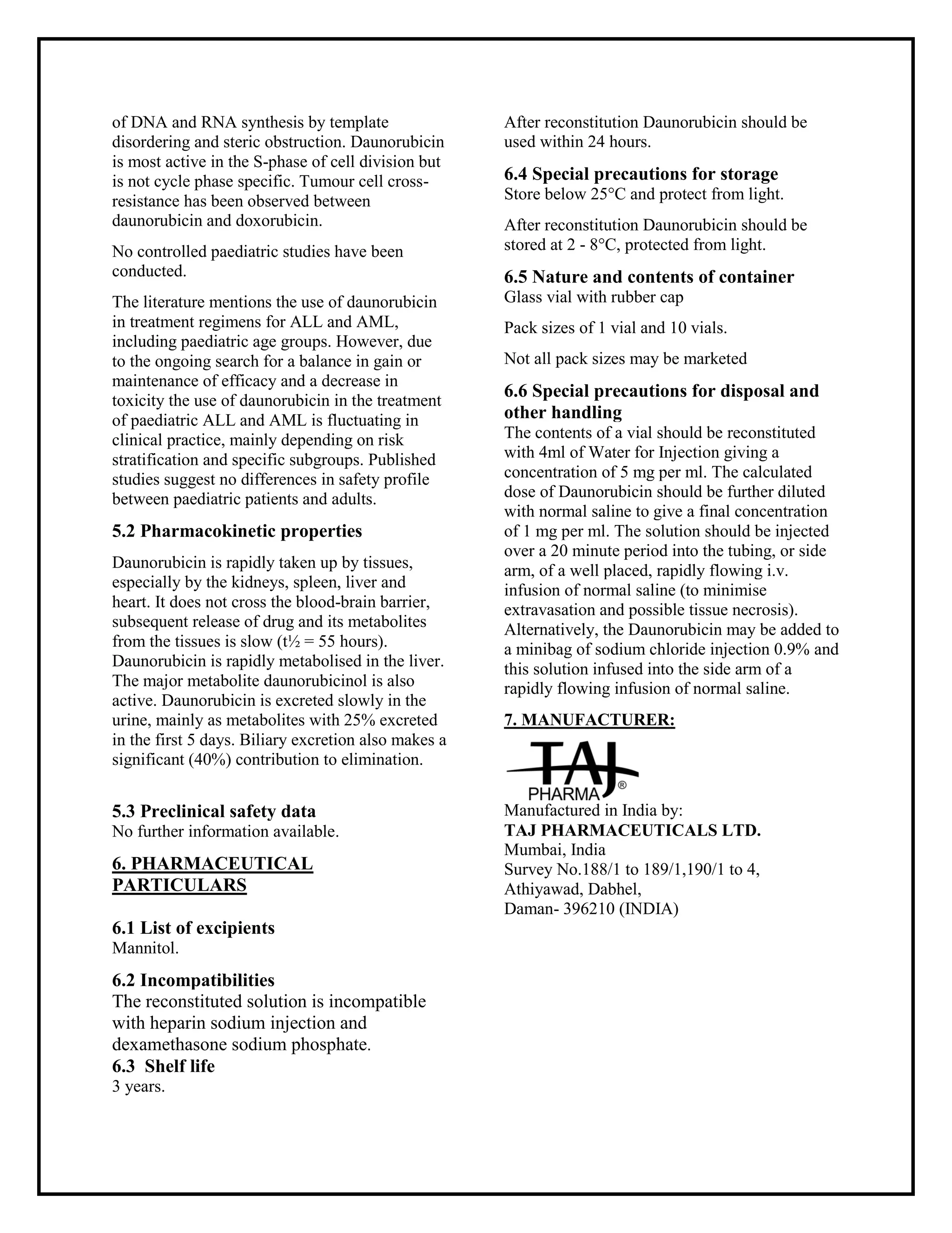 Daunorubicin 20mg powder for i.v. injection smpc taj pharmaceuticals | PDF