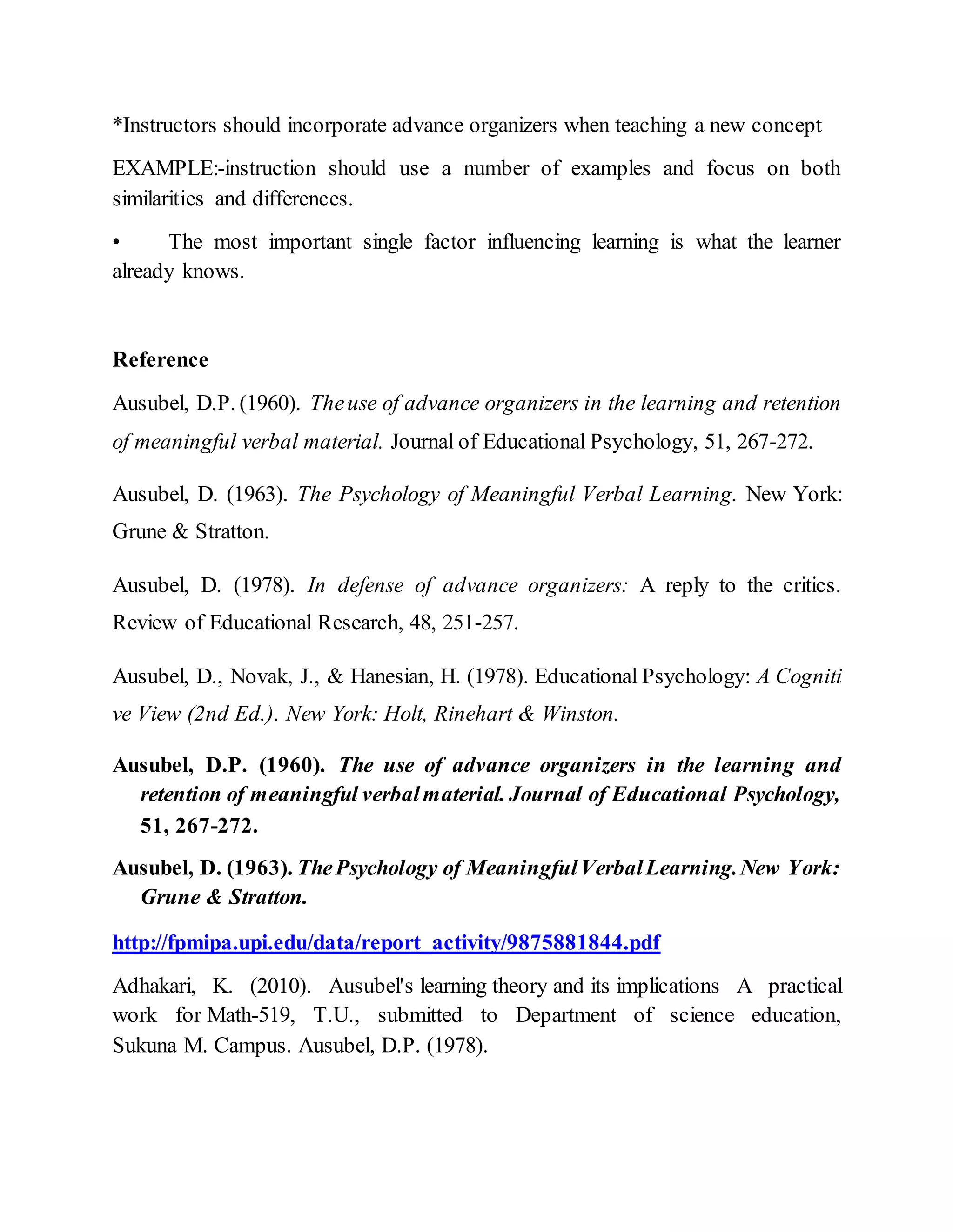 DAVID AUSUBEL THEORY OF MEANINFUL LEARNING | DOCX