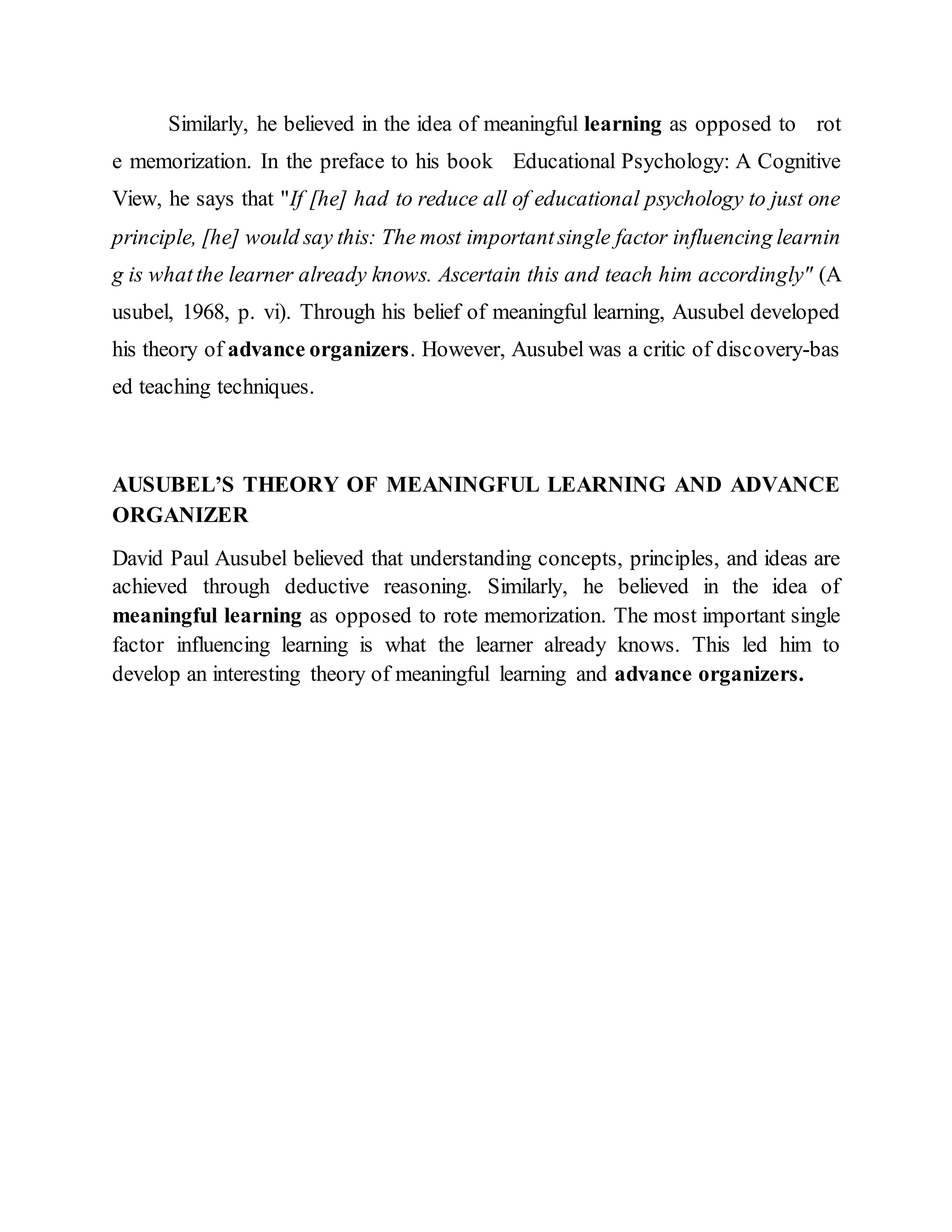 DAVID AUSUBEL THEORY OF MEANINFUL LEARNING | DOCX