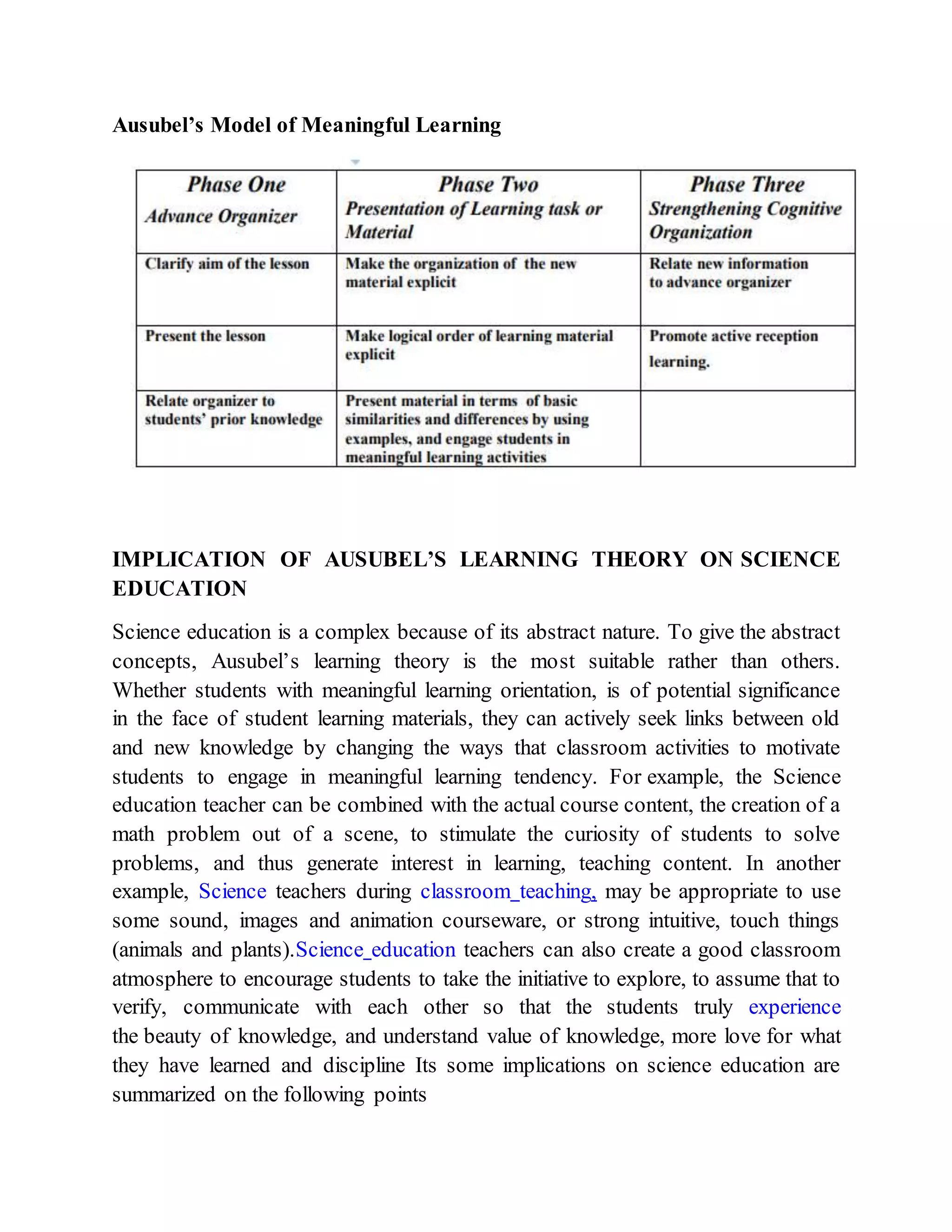 DAVID AUSUBEL THEORY OF MEANINFUL LEARNING | DOCX