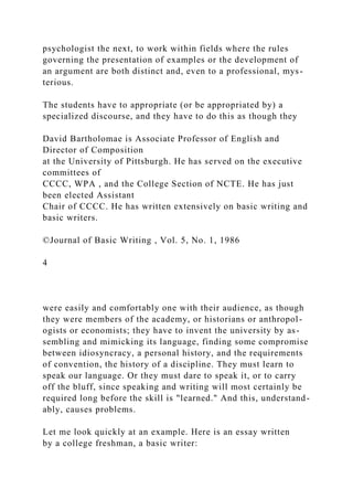 David Bartholomae INVENTING THE UNIVERSITY1 Education .docx