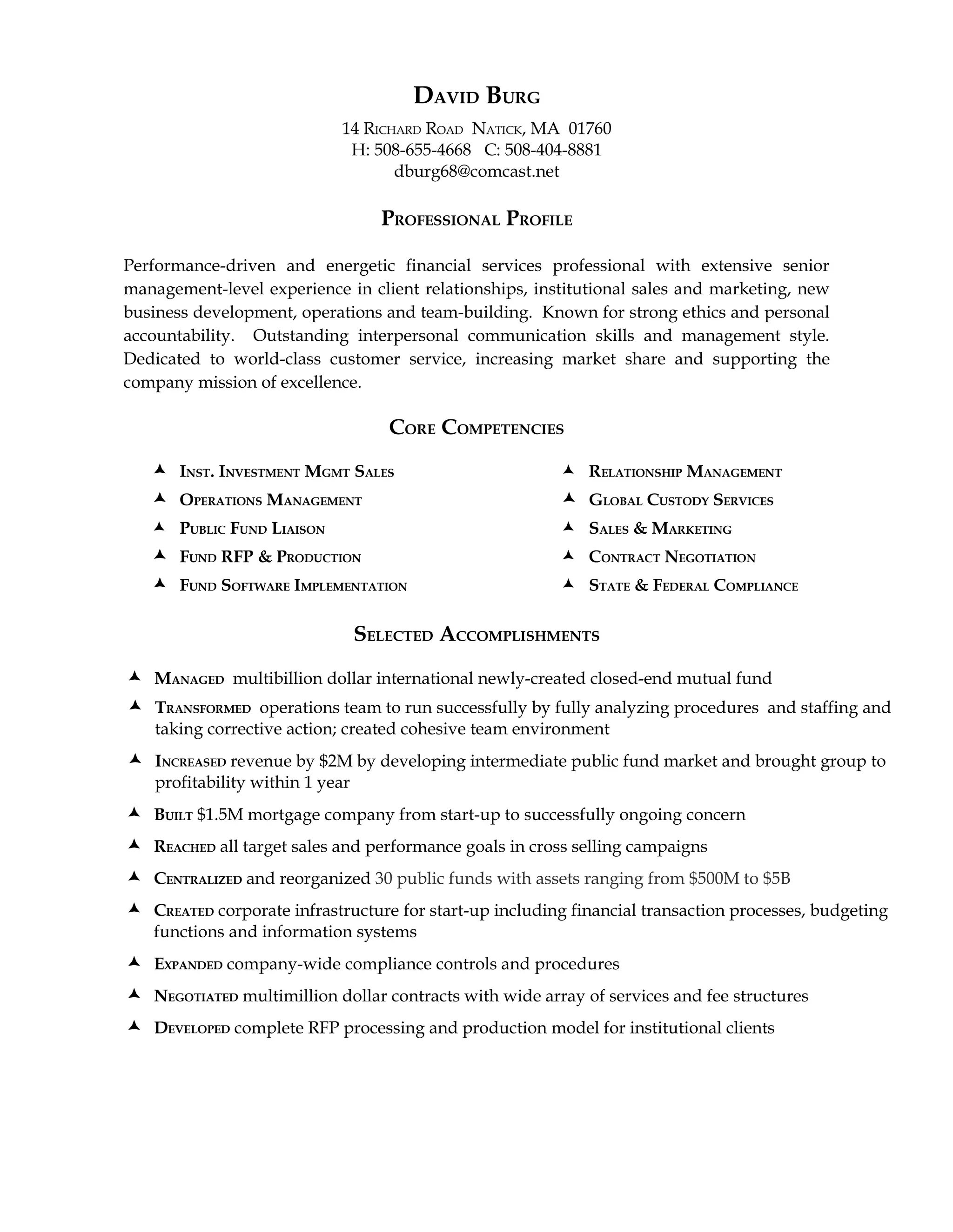 David Burg Resume | DOC | Home Financing | Personal Debt