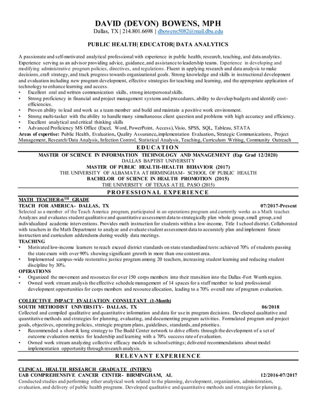 David (Devon) Bowens Professional Resume | PDF