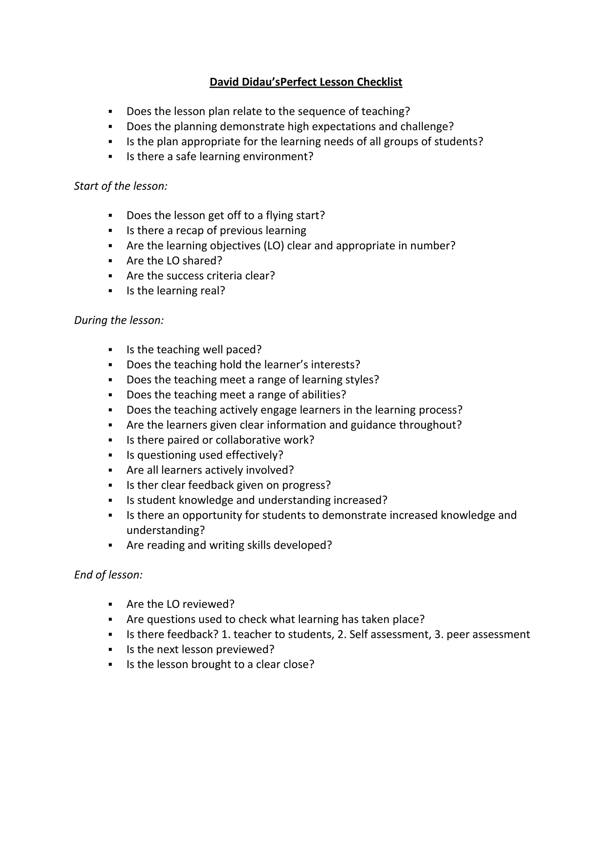 David didau perfect lesson checklist | DOCX