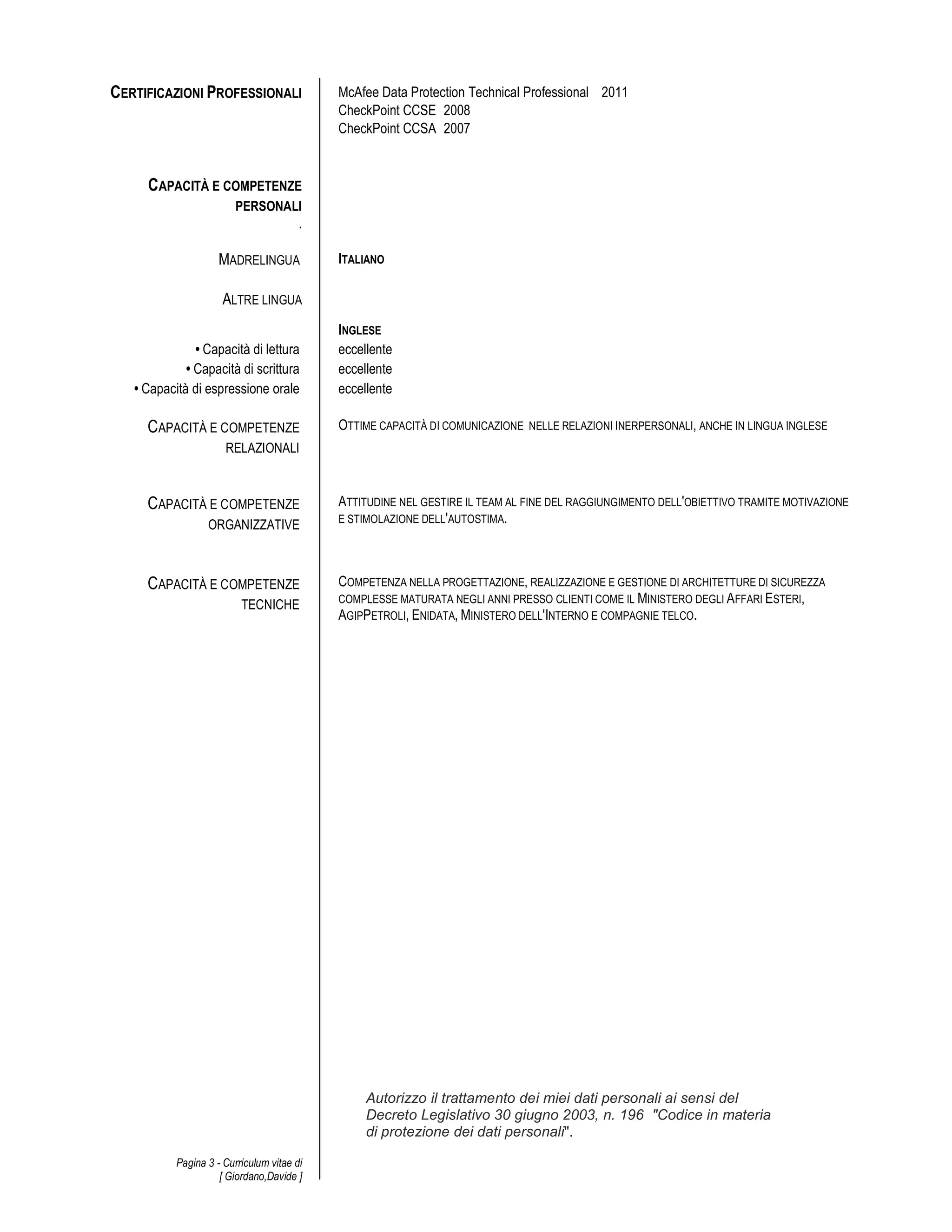 Davide Giordano Security Engineer - Italian Curriculum Vitae | PDF